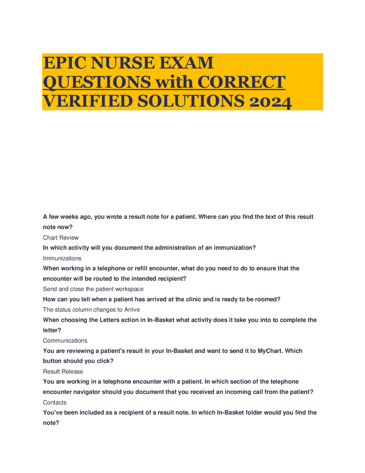 EPIC NURSE EXAM QUESTIONS with CORRECT VERIFIED SOLUTIONS 2024 | Exams ...