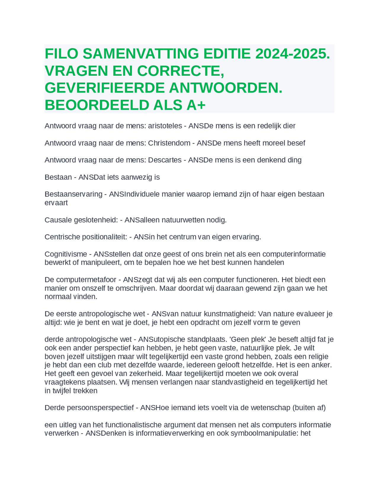FILO SAMENVATTING EDITIE 2024-2025. VRAGEN EN CORRECTE, GEVERIFIEERDE ANTWOORDEN. ALS A+ | Exams ...