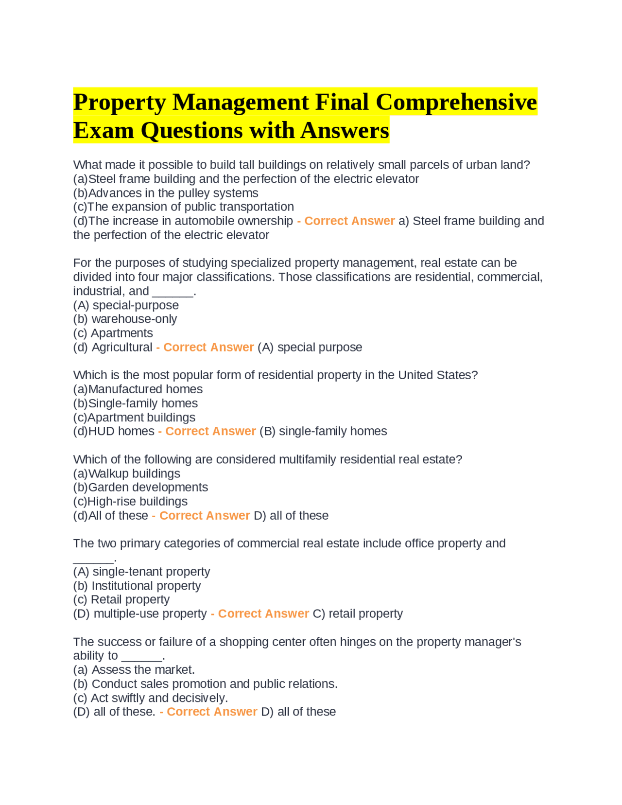 Property Management Final Comprehensive Exam Questions with Answers ...