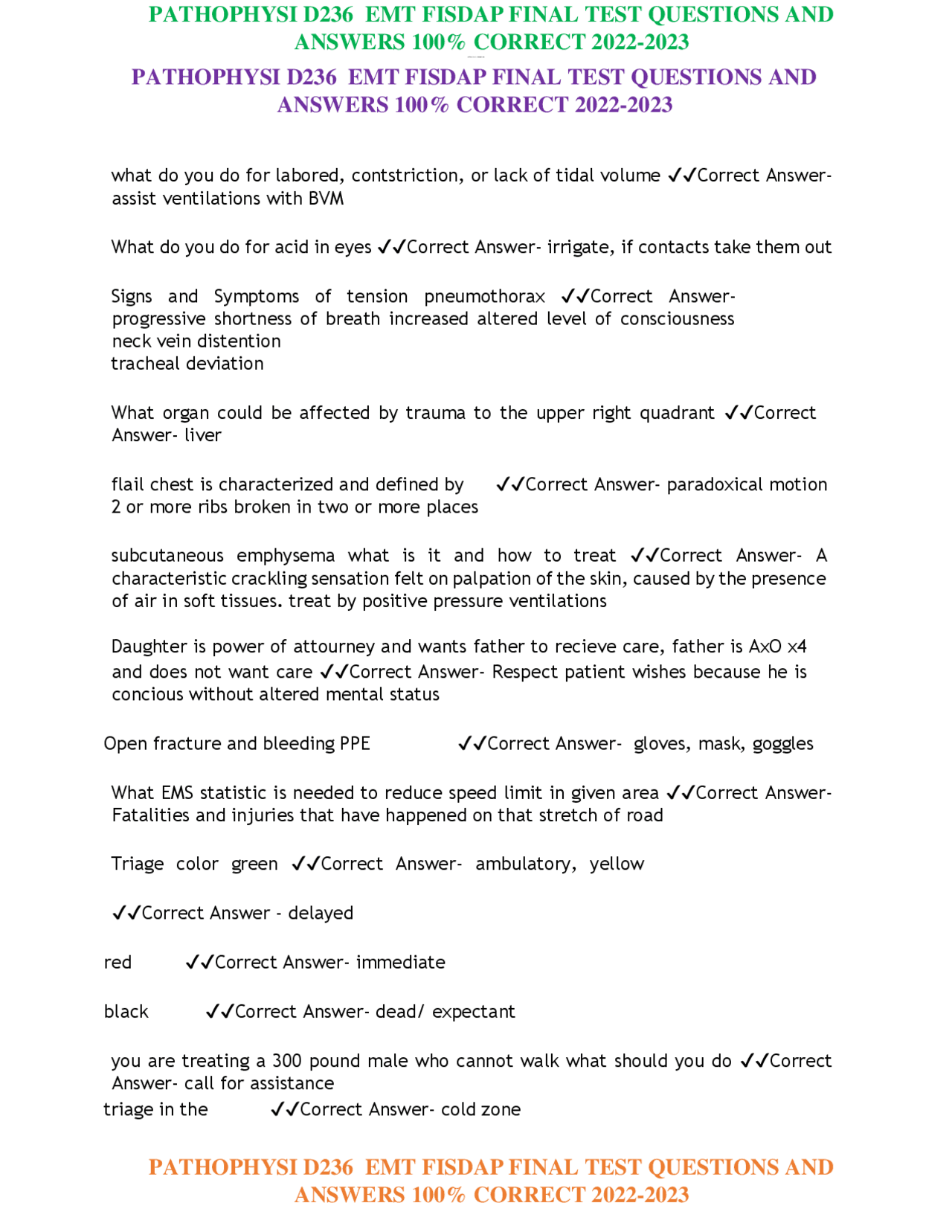 PATHOPHYSI D236 EMT FISDAP FINAL TEST QUESTIONS AND ANSWERS 100% ...