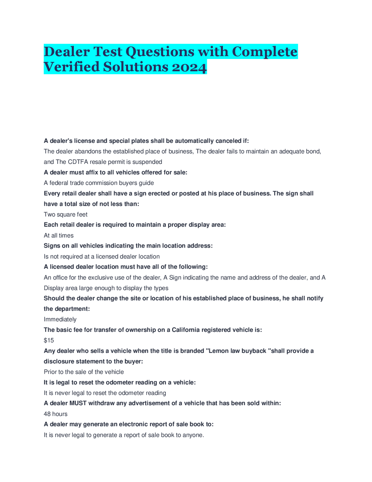 Dealer Test Questions with Complete Verified Solutions 2024 | Exams ...