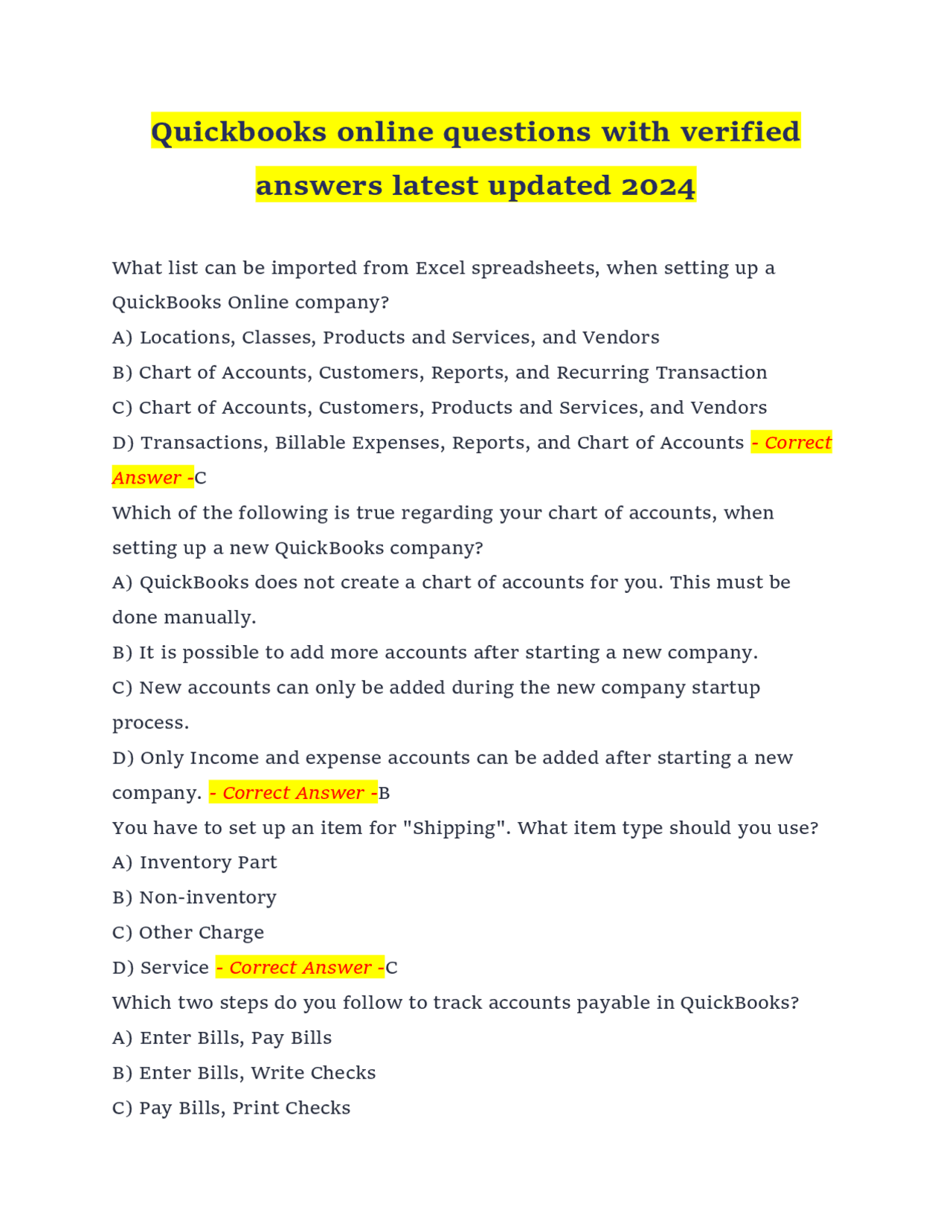 Quickbooks online questions with verified answers latest updated 2024 ...