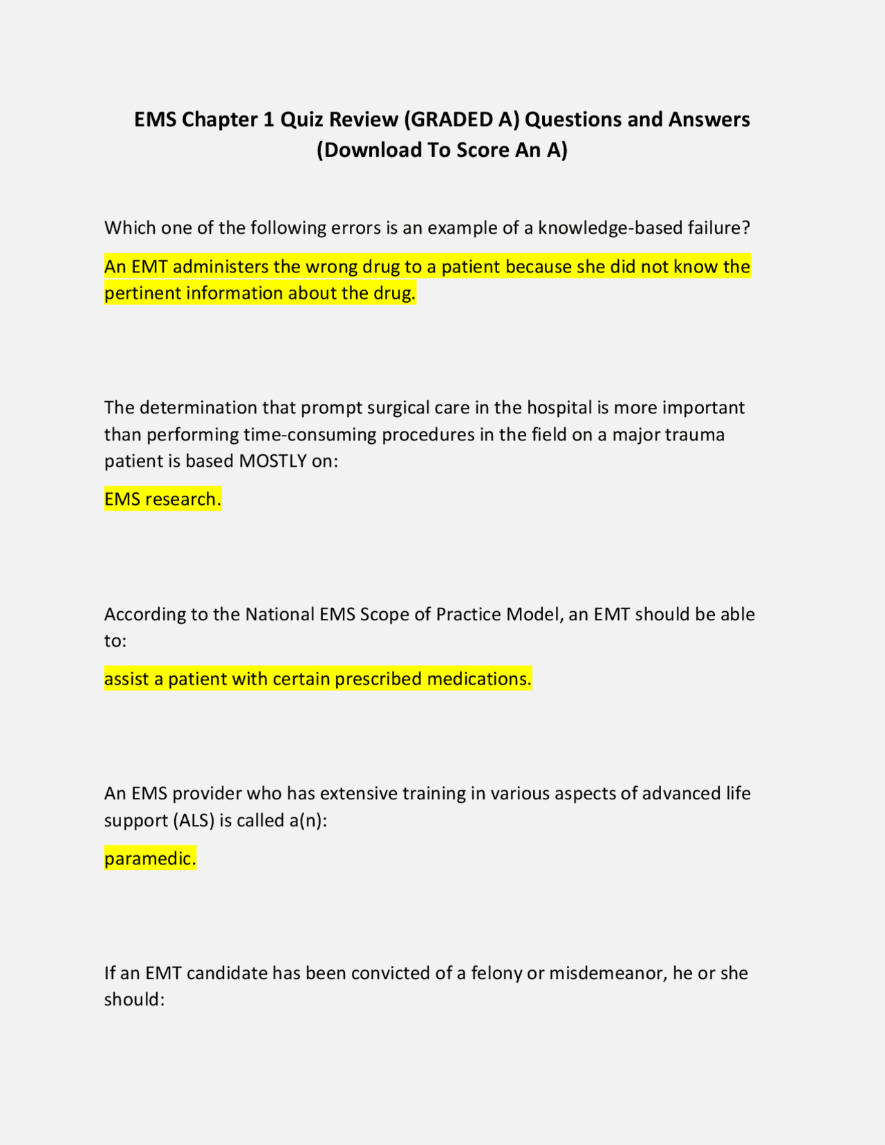 EMS Chapter 1 Quiz Review (GRADED A) Questions and Answers (Download To ...