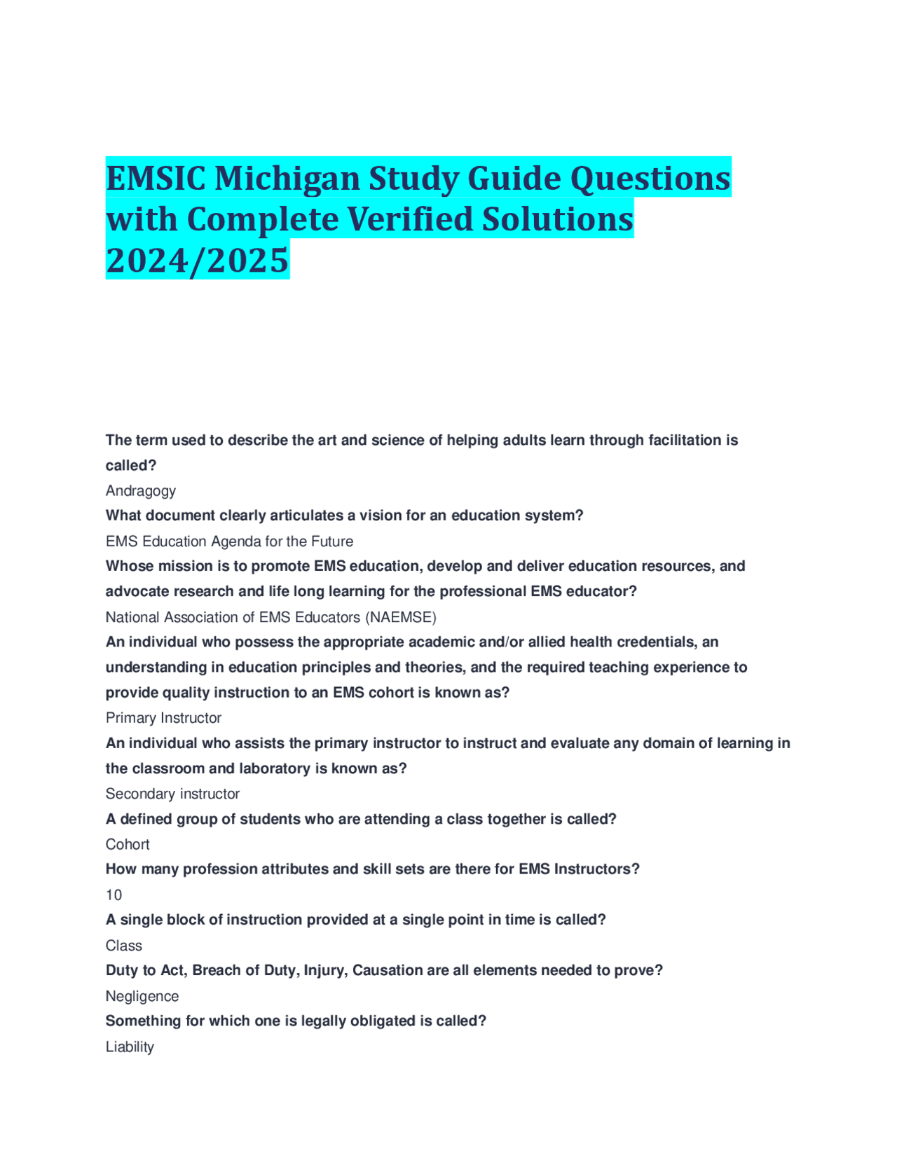 EMSIC Michigan Study Guide Questions with Complete Verified Solutions ...