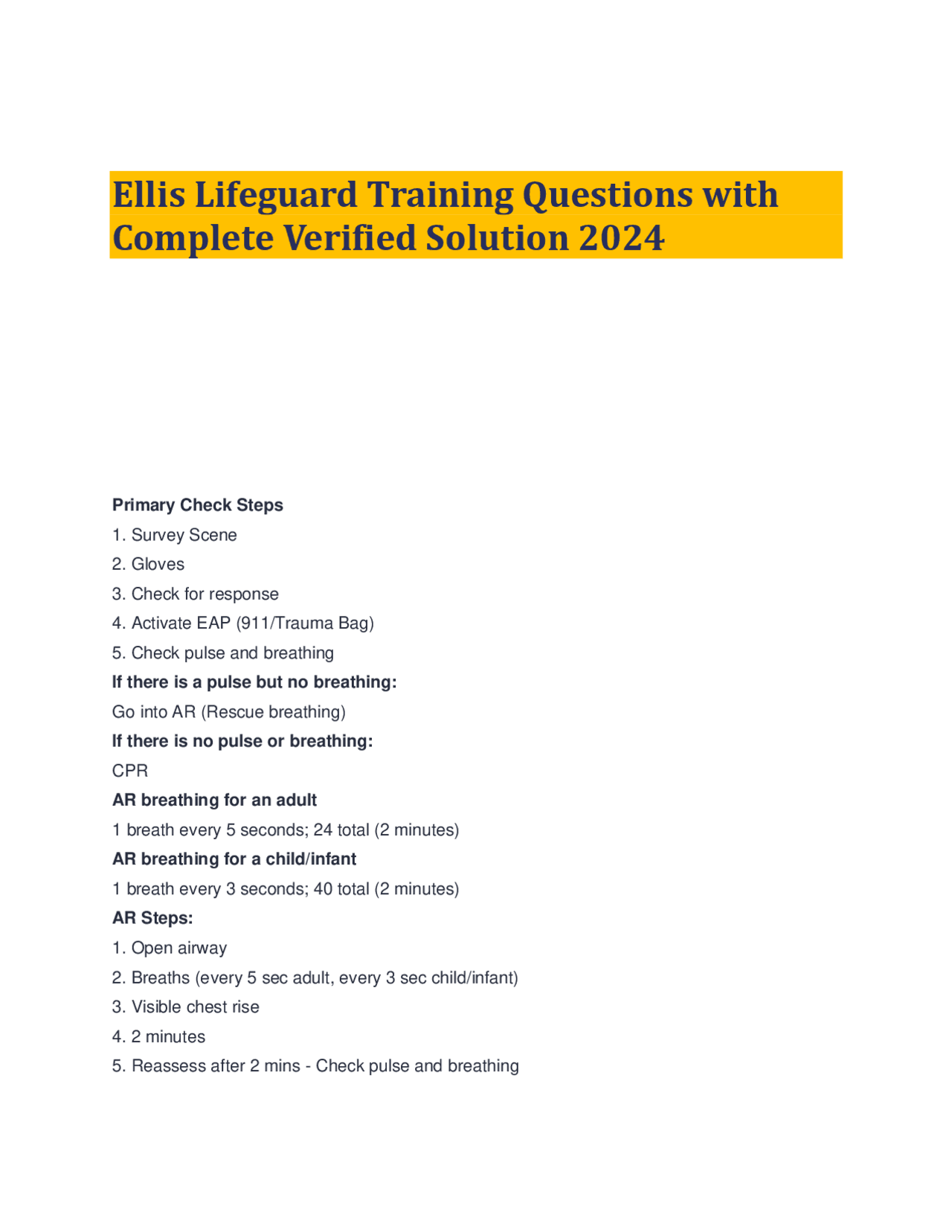 Ellis Lifeguard Training Questions with Complete Verified Solution 2024 ...