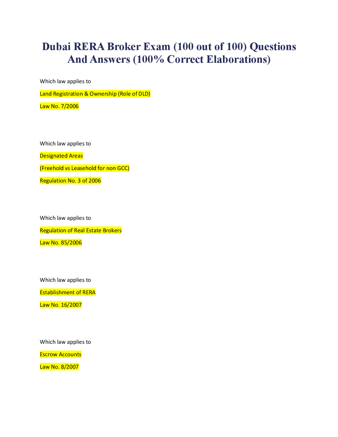 Dubai RERA Broker Exam (100 out of 100) Questions And Answers (100% ...