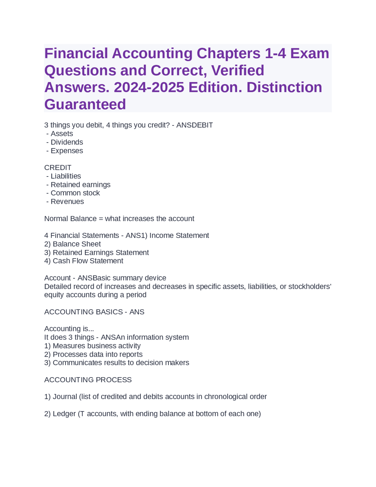 Financial Accounting Chapters 1-4 Exam Questions & Correct Answers ...
