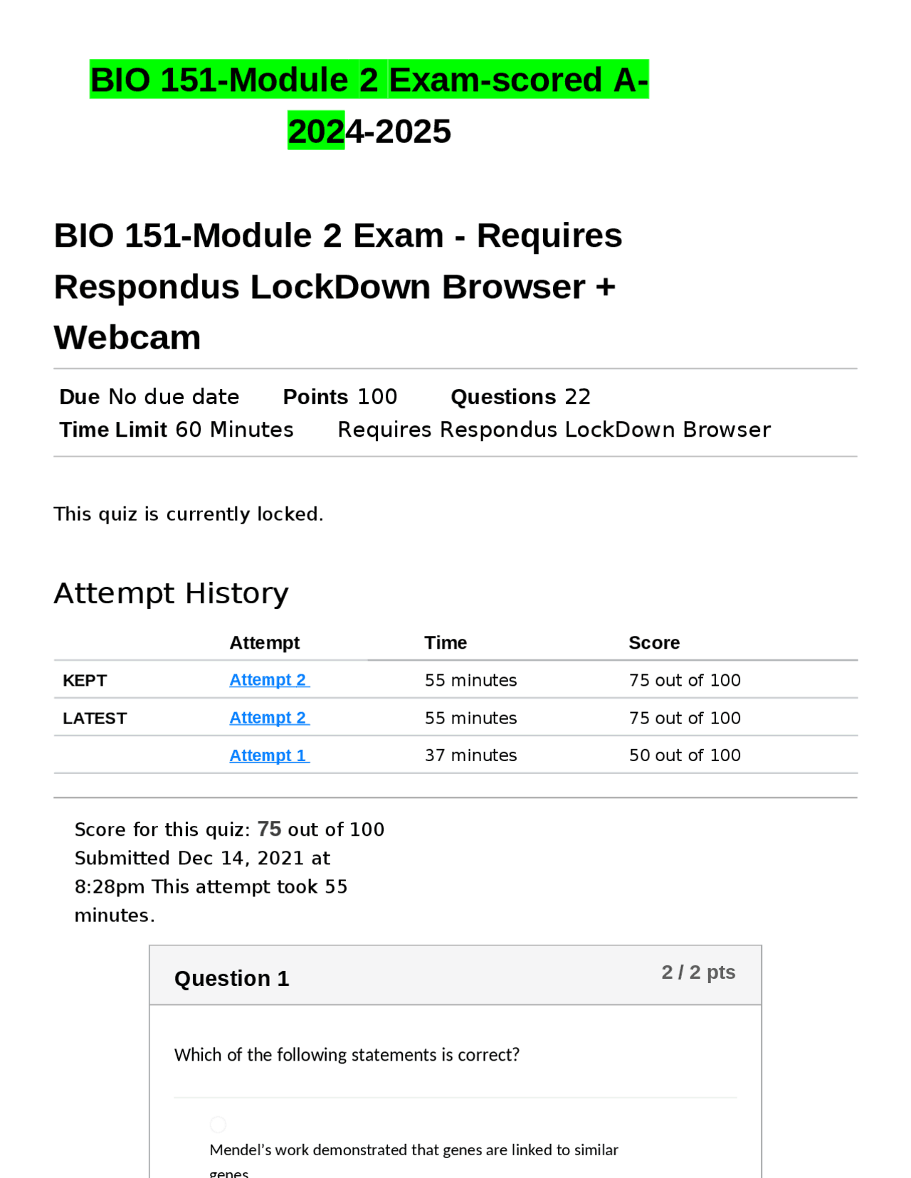 BIO 151-Module 2 Exam-scored A-2024-2025.docx | Exams Biology | Docsity