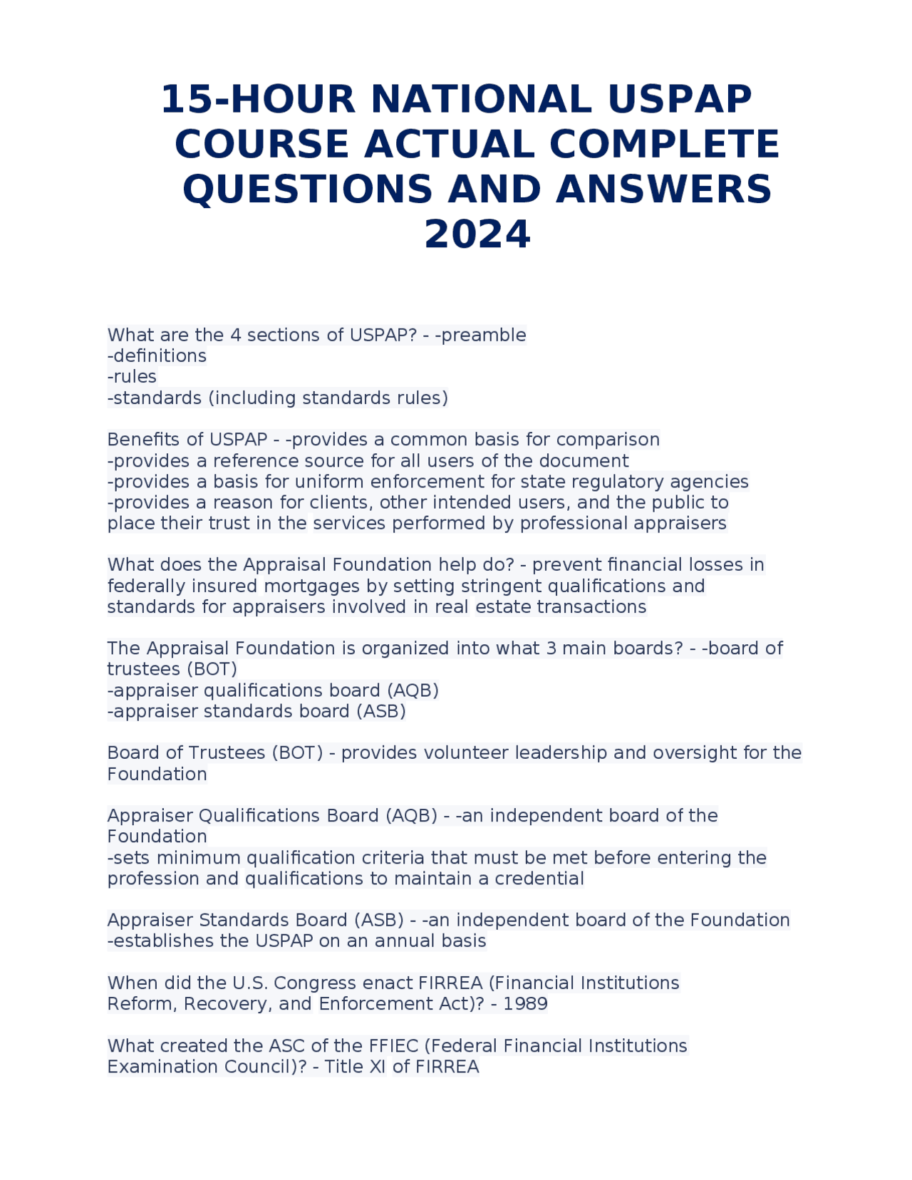 15-HOUR NATIONAL USPAP COURSE ACTUAL COMPLETE QUESTIONS AND ANSWERS ...