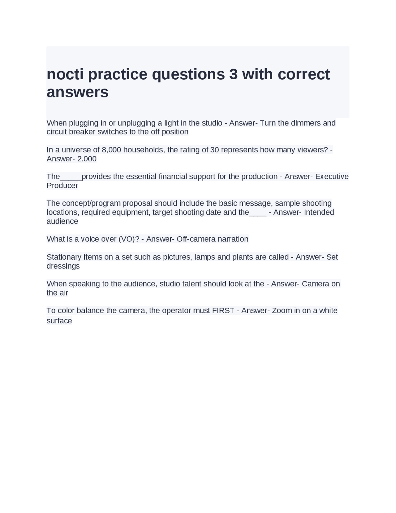 NOCTI Practice Questions and Answers for Media Production | Exams ...