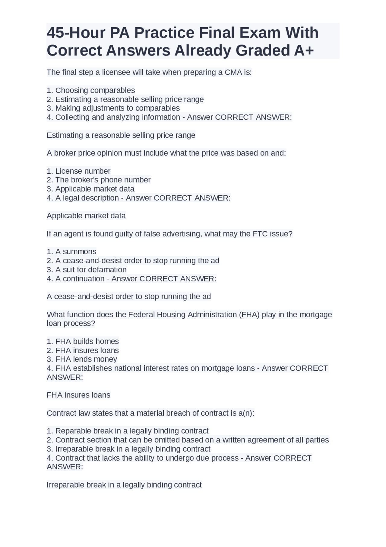 45-Hour PA Practice Final Exam With Correct Answers | Exams Nursing ...