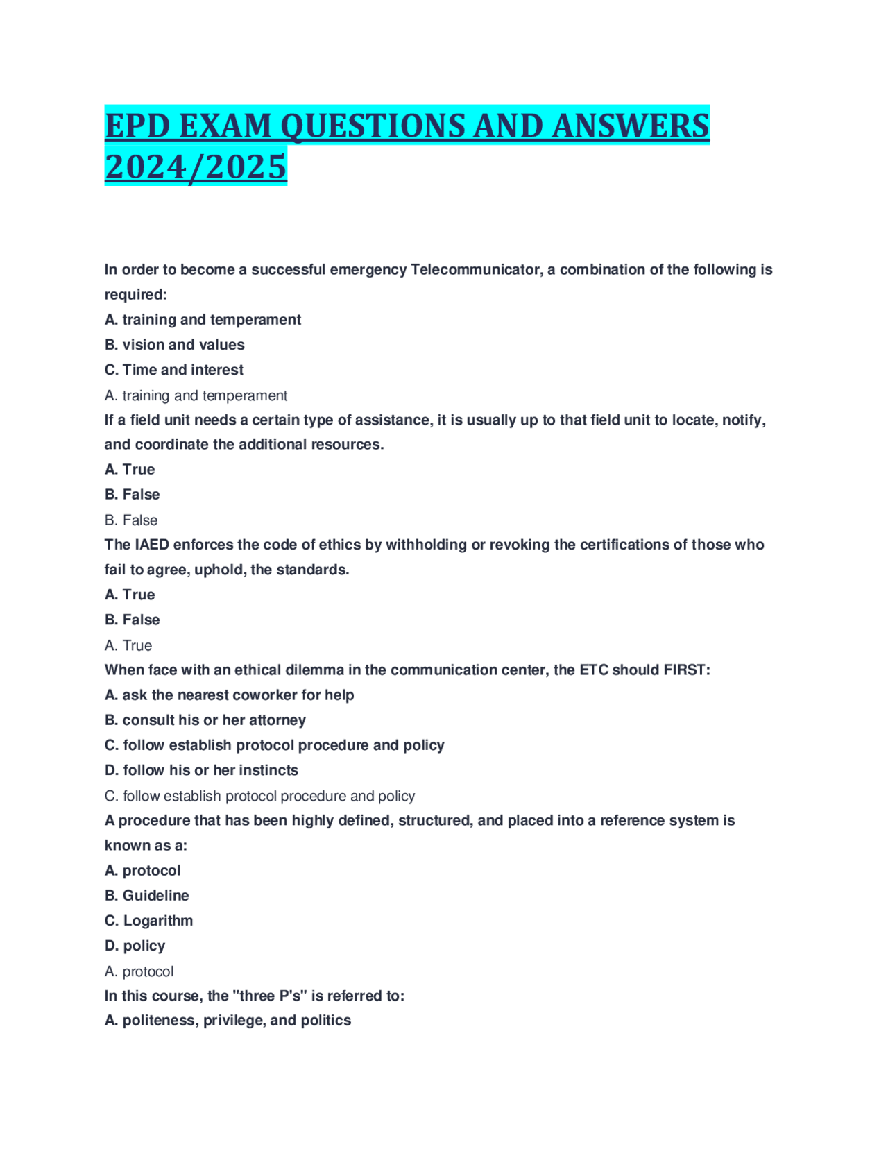 EPD EXAM QUESTIONS AND ANSWERS 2024/2025 | Exams Communication | Docsity