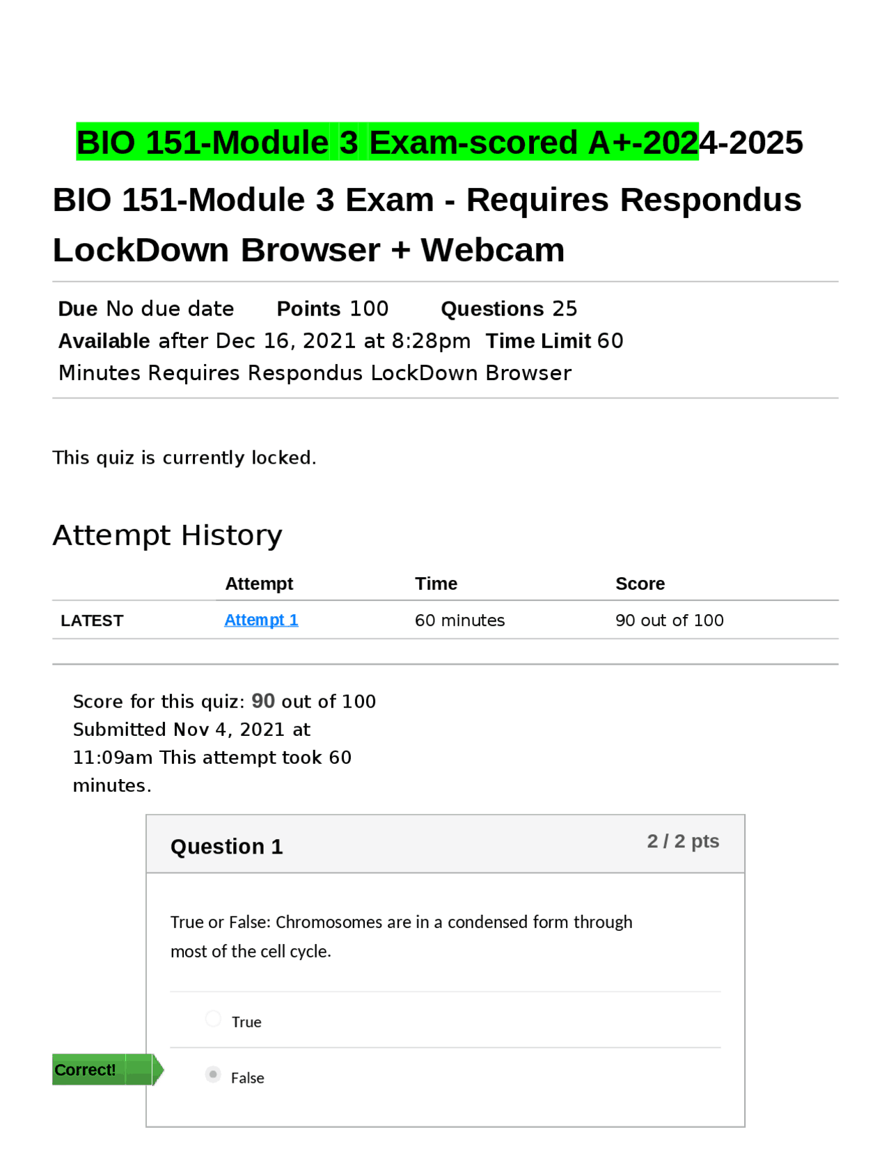 BIO 151-Module 3 Exam-scored A+-2024-2025.docx | Exams Biology | Docsity