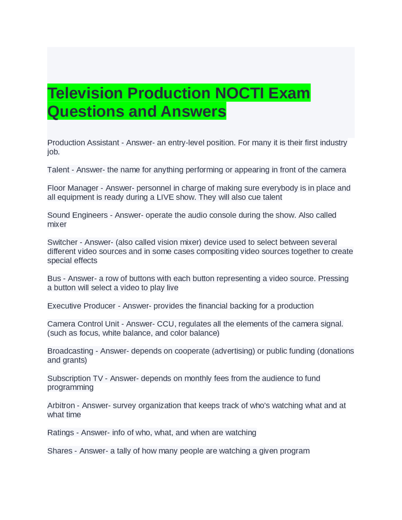 Television Production NOCTI Exam Questions and Answer | Exams Advanced ...