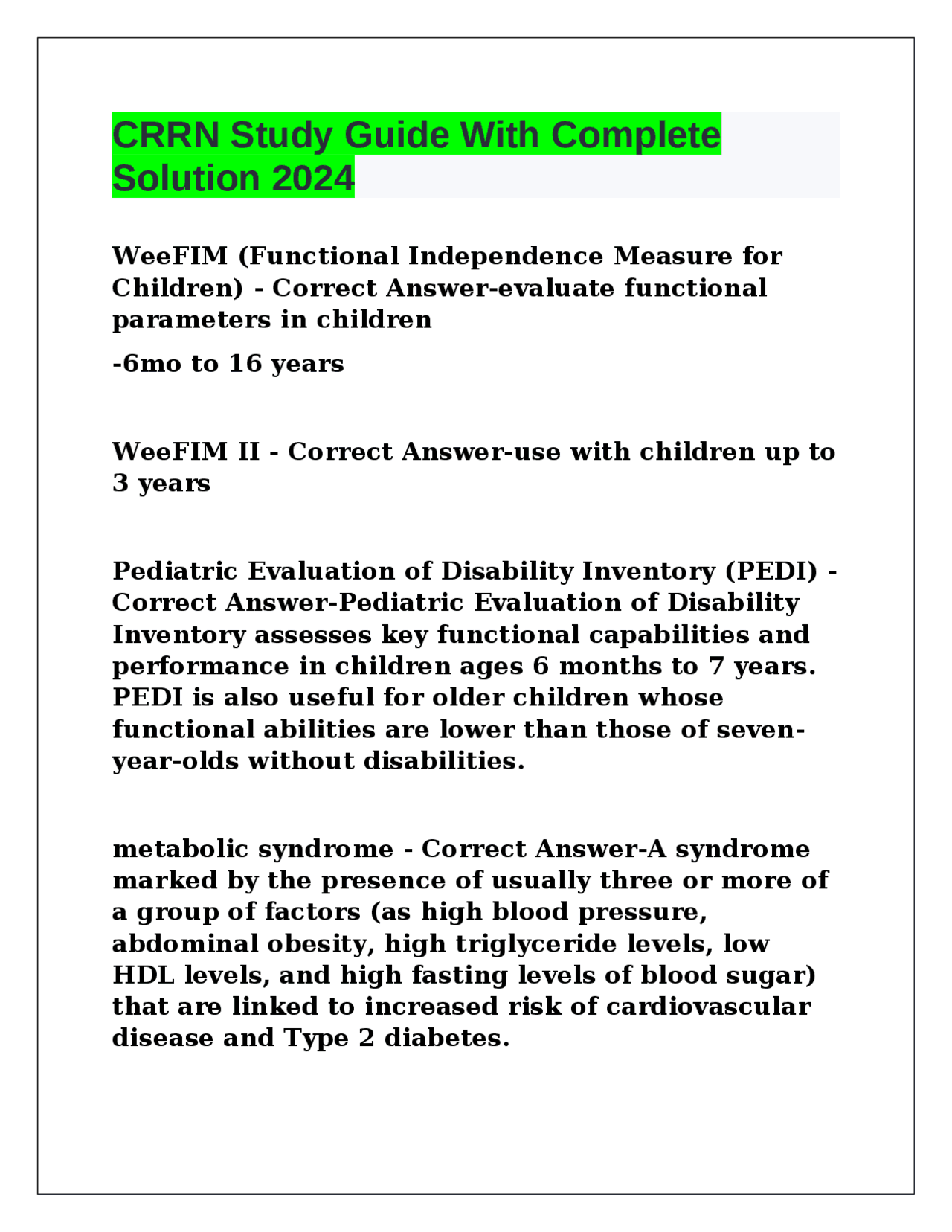 CRRN Study Guide With Complete Solution 2024 | Exams Advanced Education ...