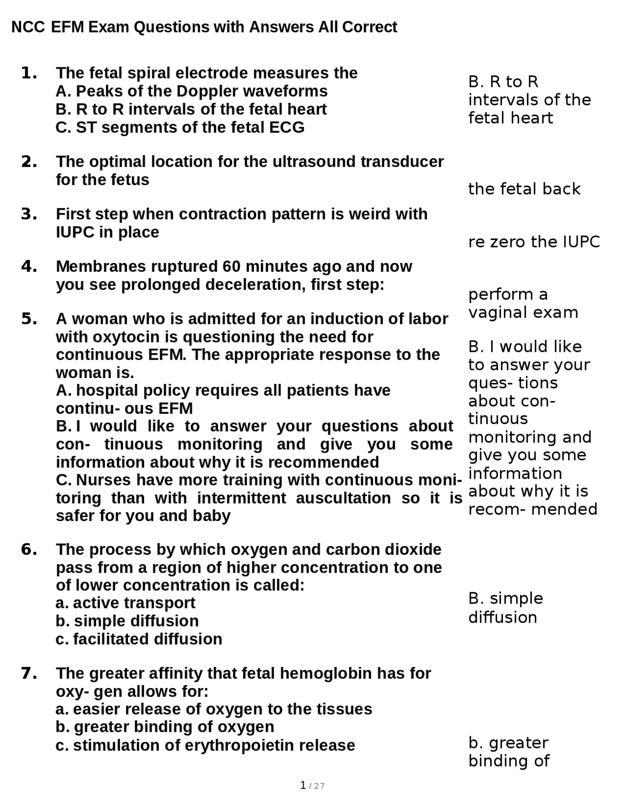 NCC EFM Exam Questions with Answers All Correct | Exams Nursing | Docsity