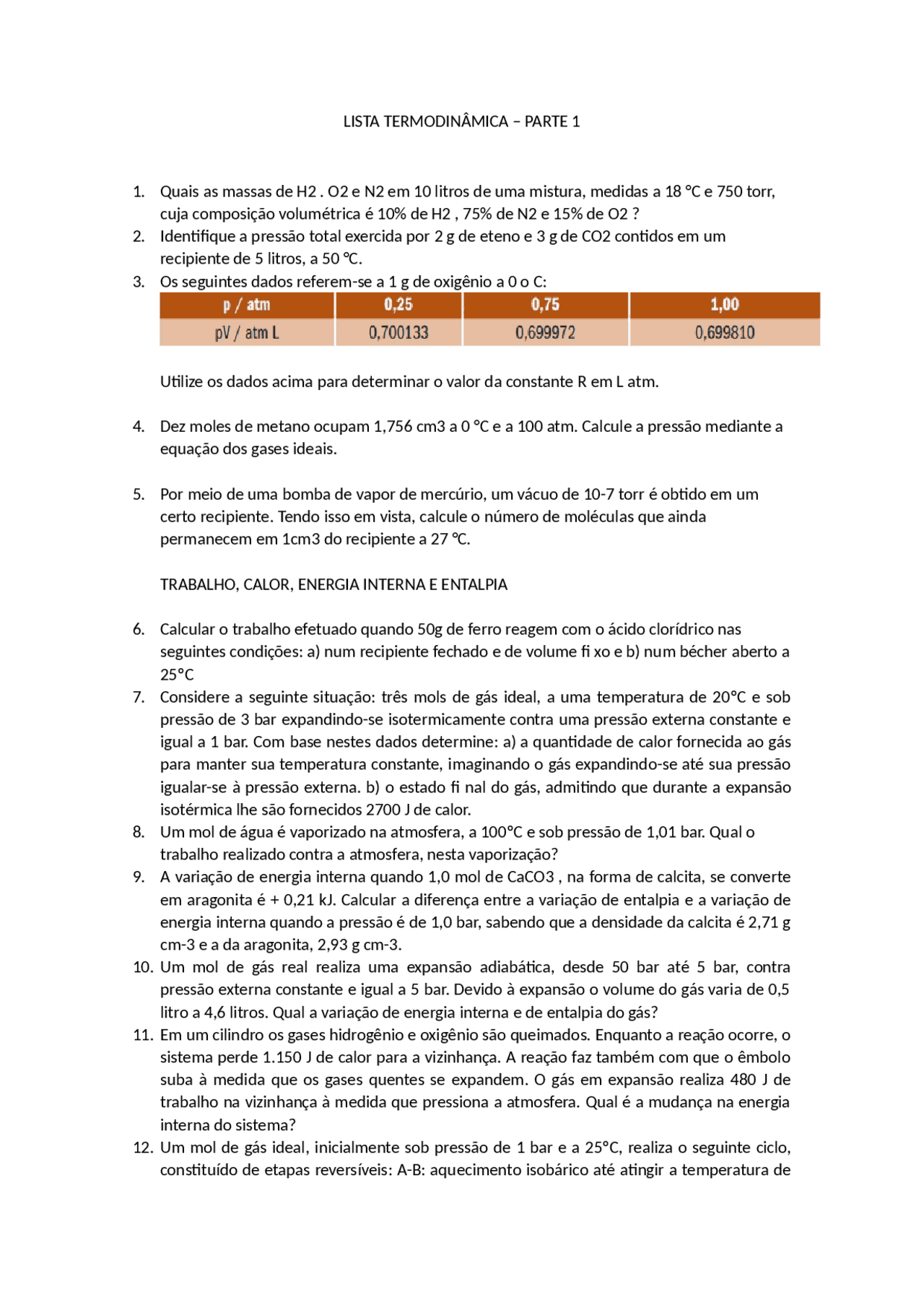 Lista de Termodinâmica | Exercícios Termodinâmica | Docsity