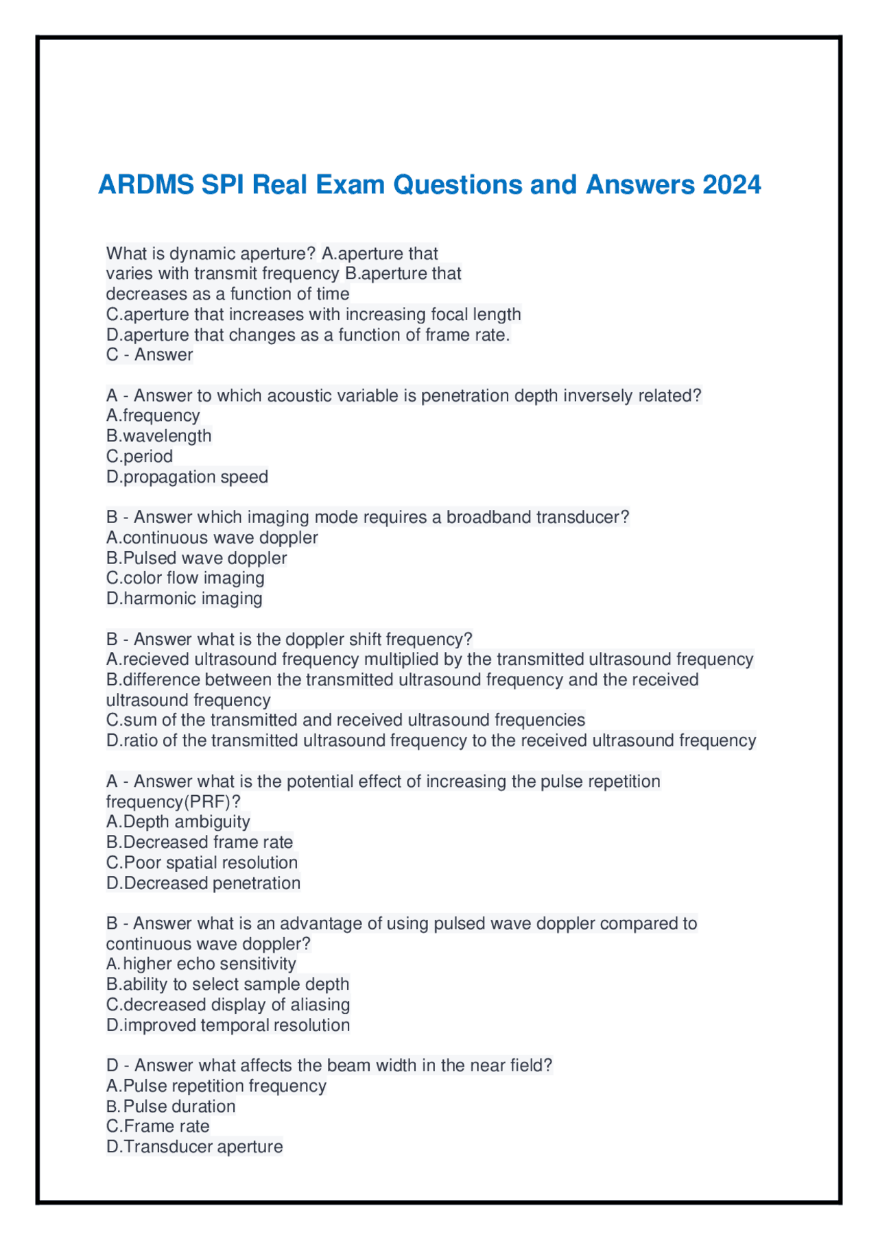 ARDMS SPI Real Exam Questions and Answers 2024 | Exams Nursing | Docsity