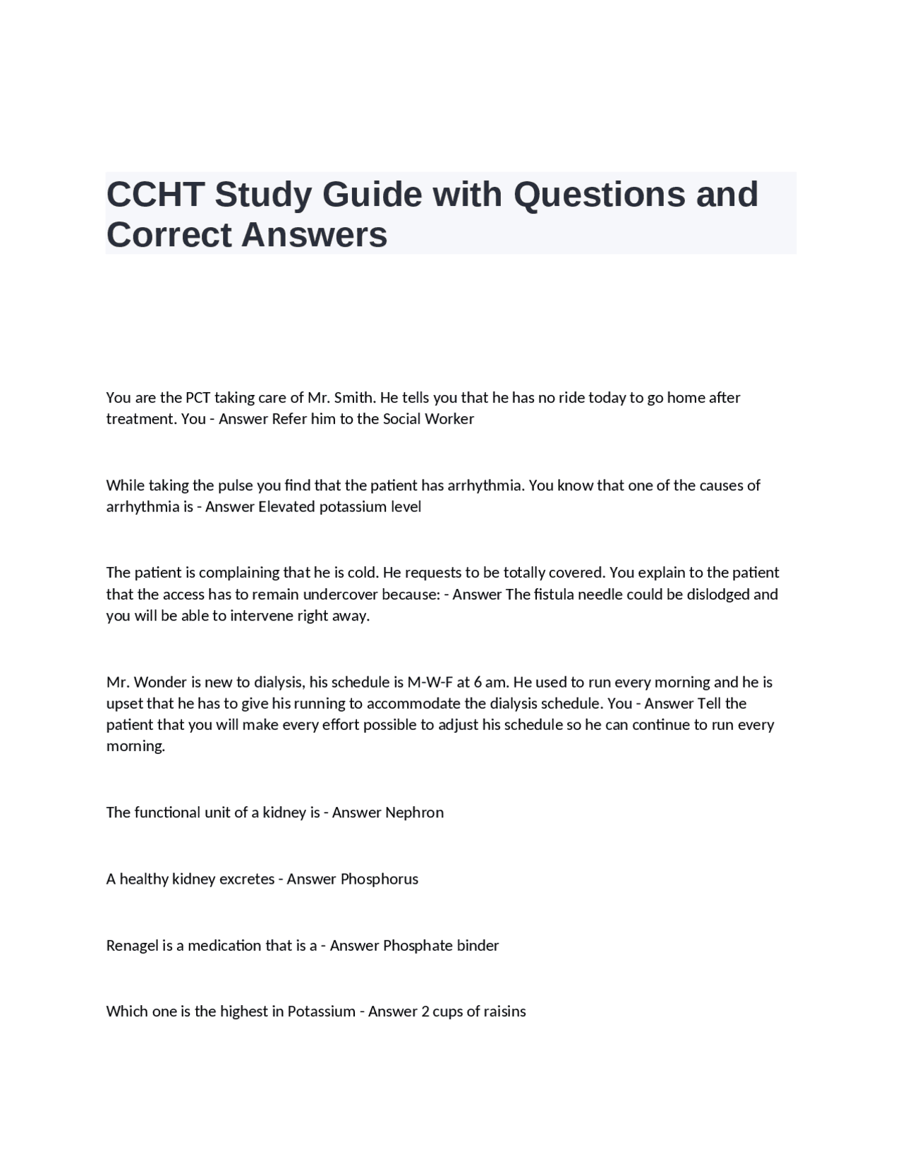 CCHT Study Guide with Questions and Correct Answers | Exams Nursing ...