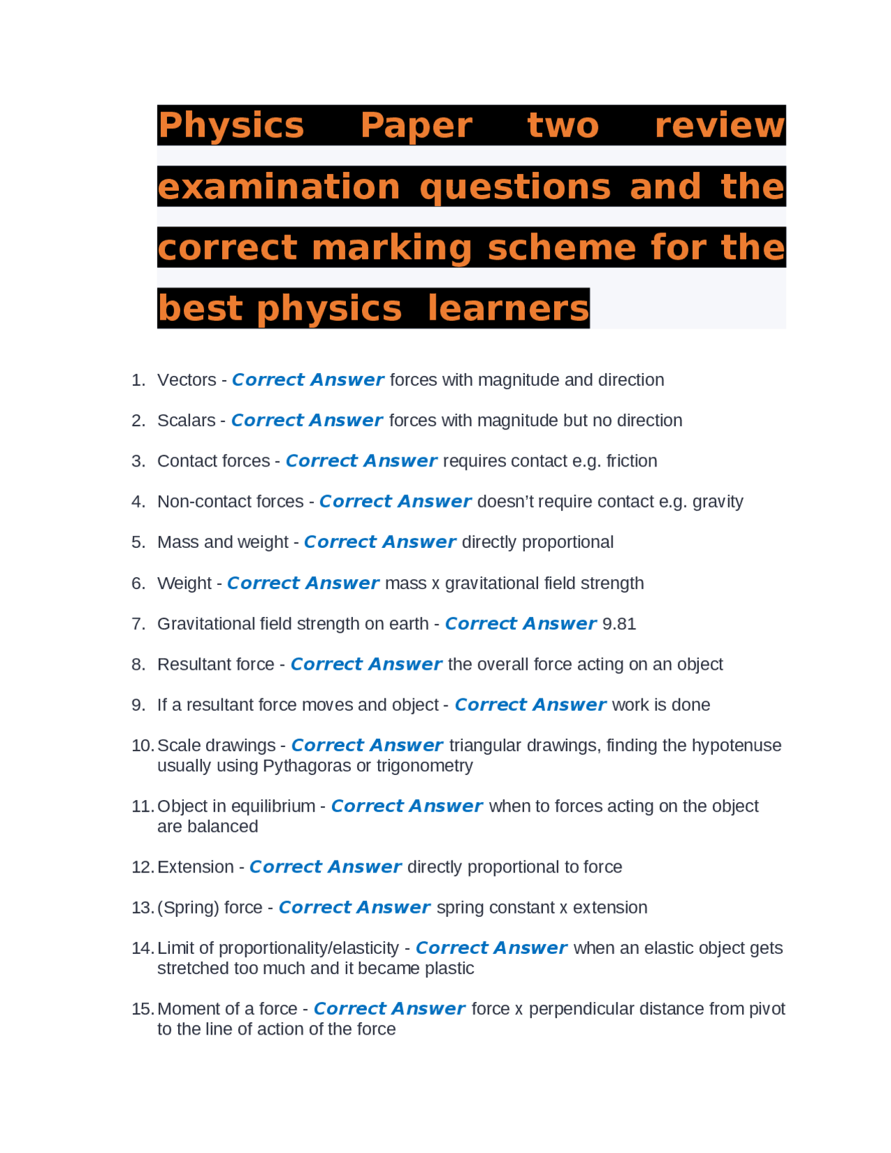 Physics Paper two review examination questions and the correct marking ...