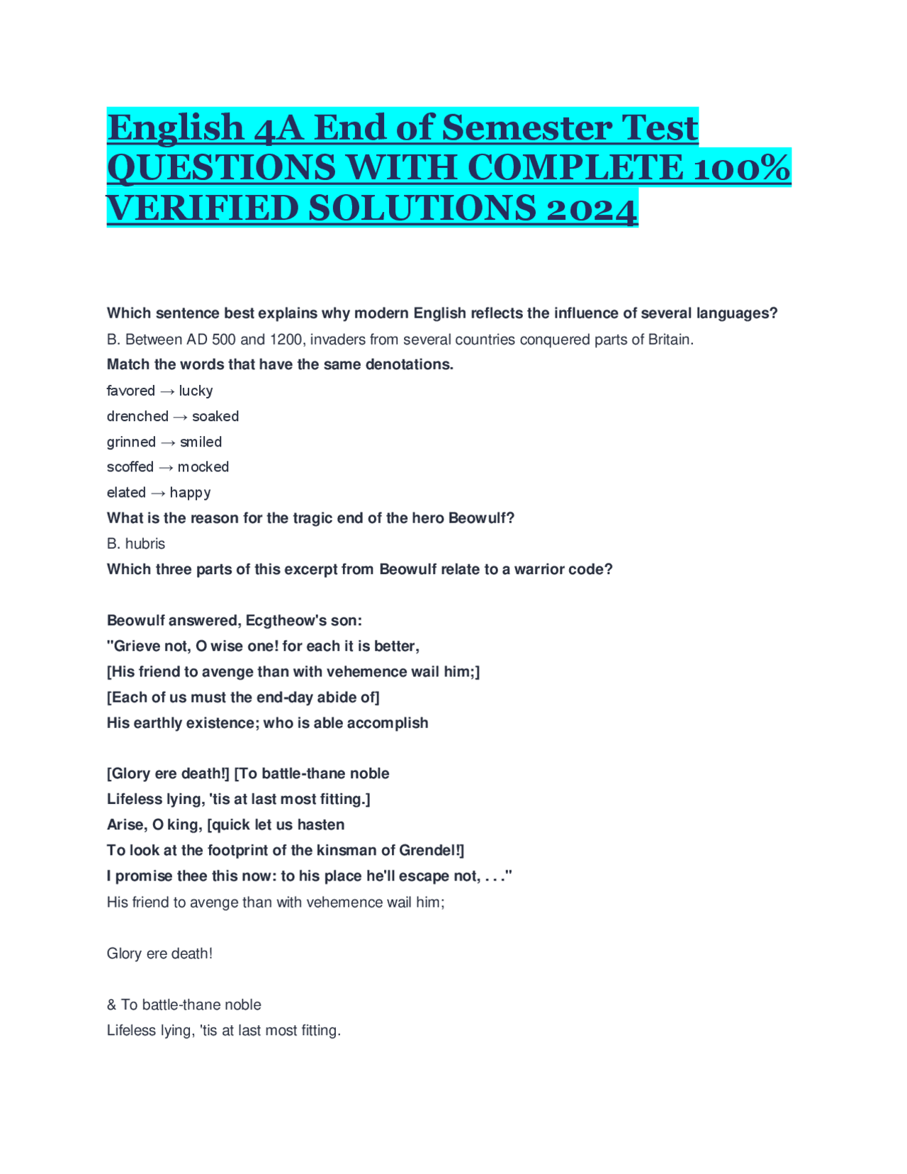 English 4A End of Semester Test QUESTIONS WITH COMPLETE 100% VERIFIED ...