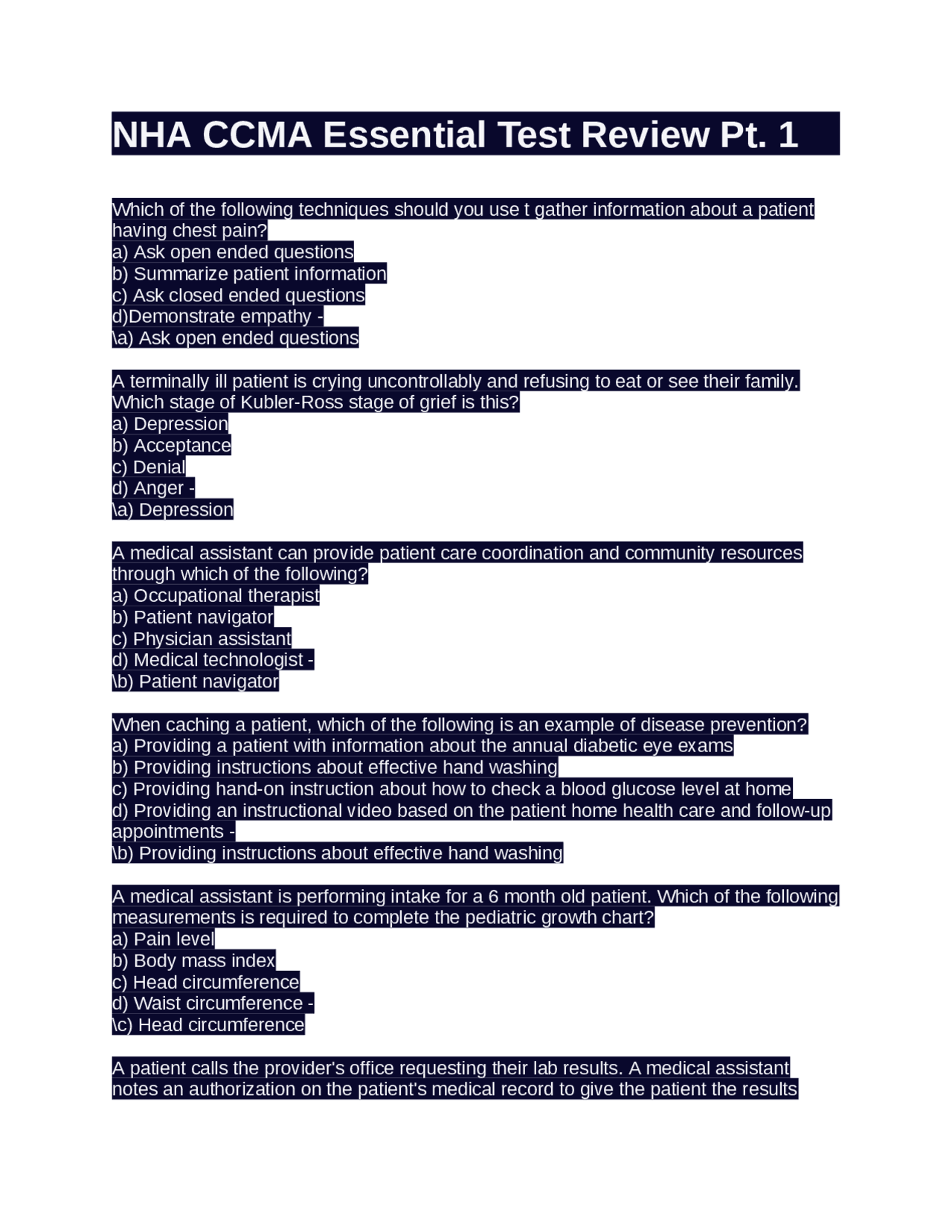 NHA CCMA Essential Test Review Pt. 1 | Exams Clinical Medicine | Docsity