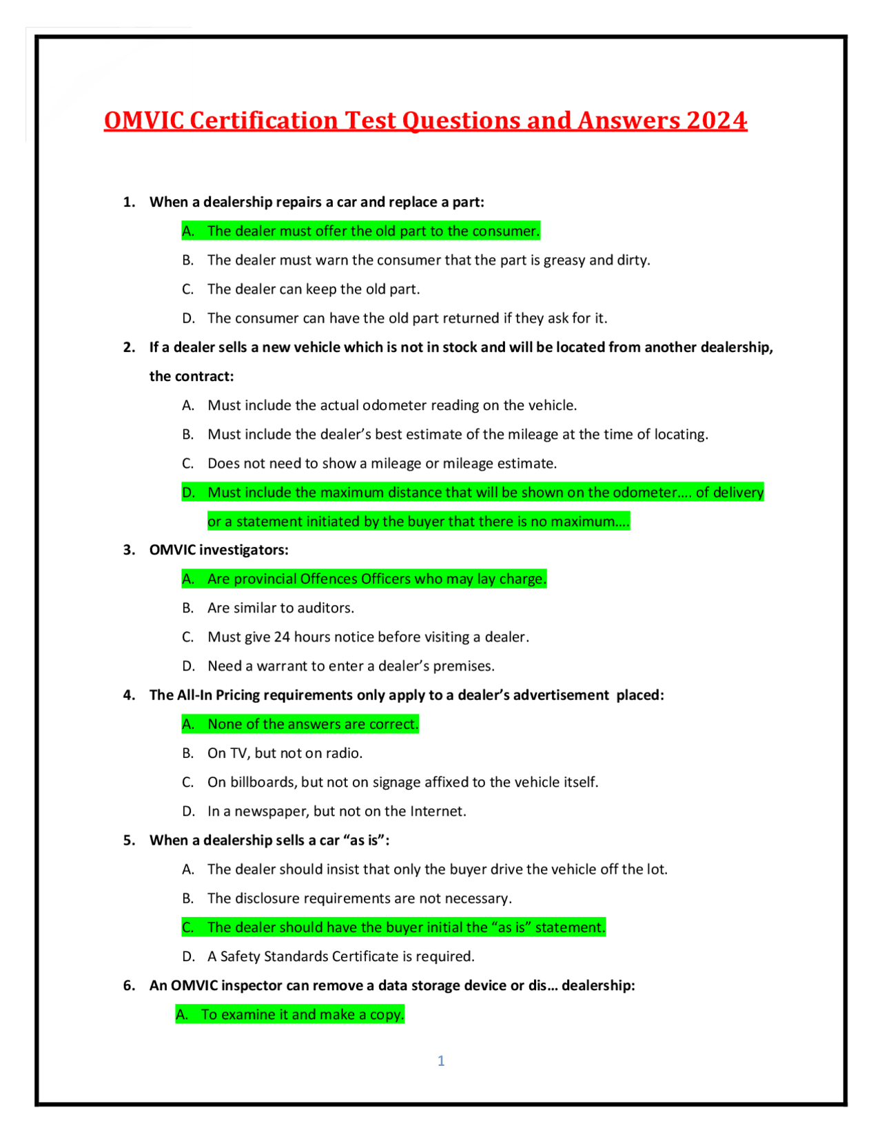 OMVIC Certification Test Questions and Answers 2024 | Exams Nursing ...