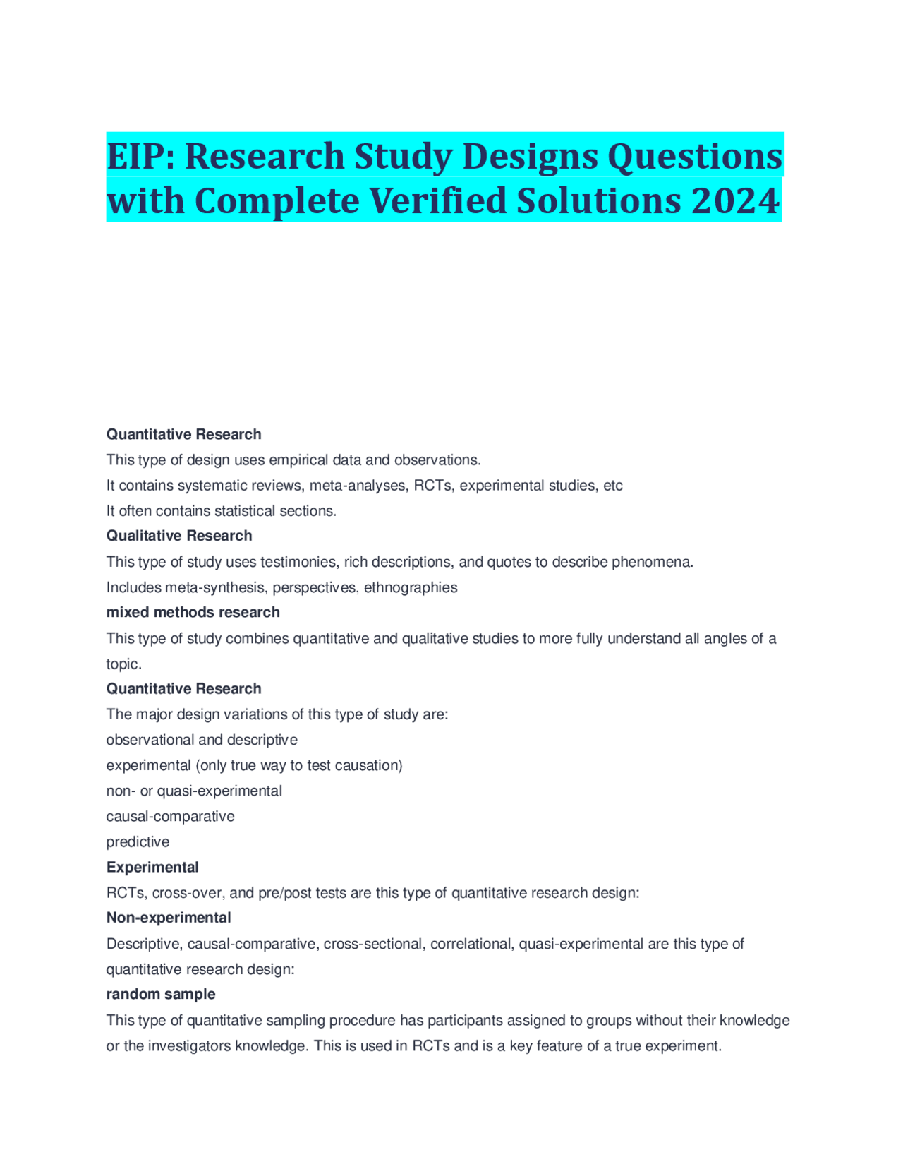 EIP: Research Study Designs Questions with Complete Verified Solutions 2024 | Study Guides ...