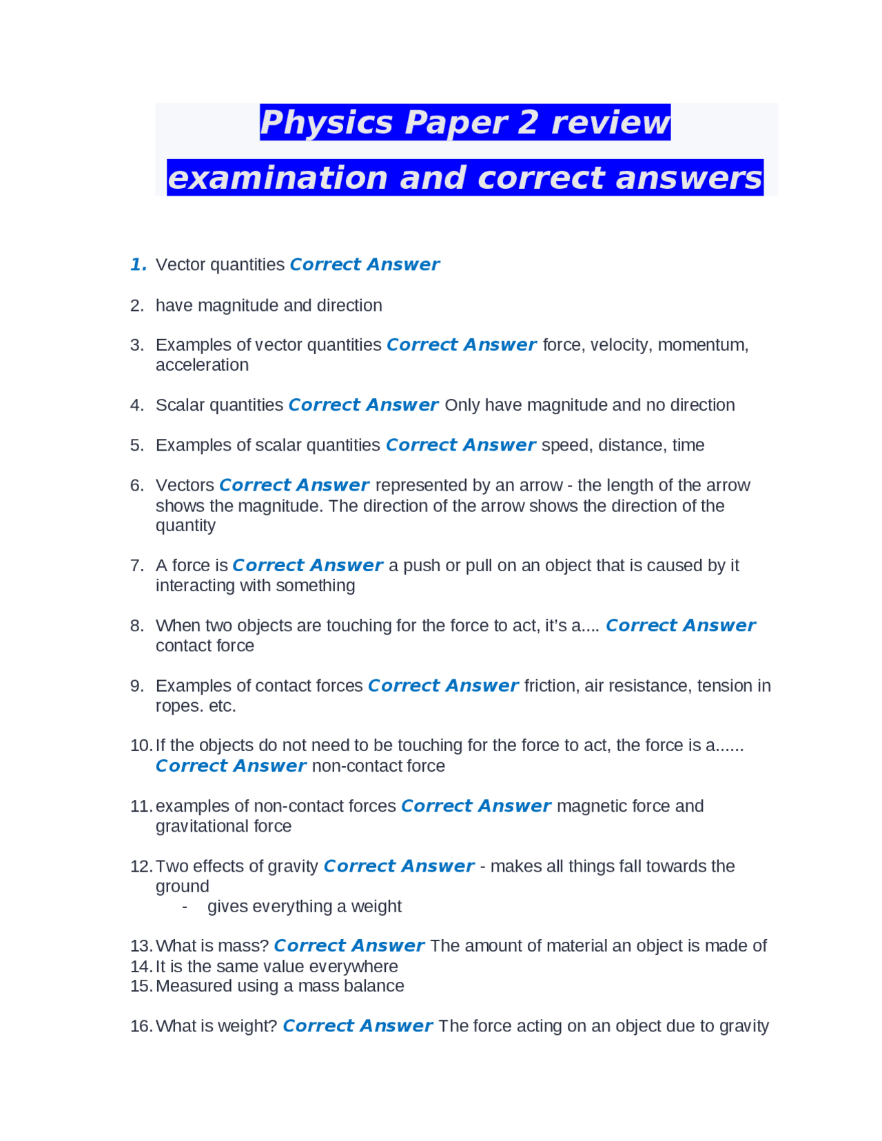 Physics Paper 2 review examination and correct answers | Exams Physics ...