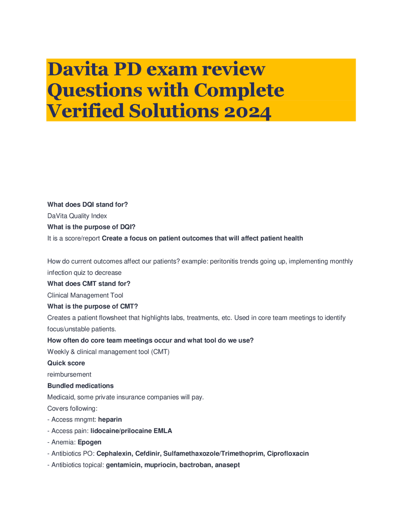 Davita PD exam review Questions with Complete Verified Solutions 2024 ...