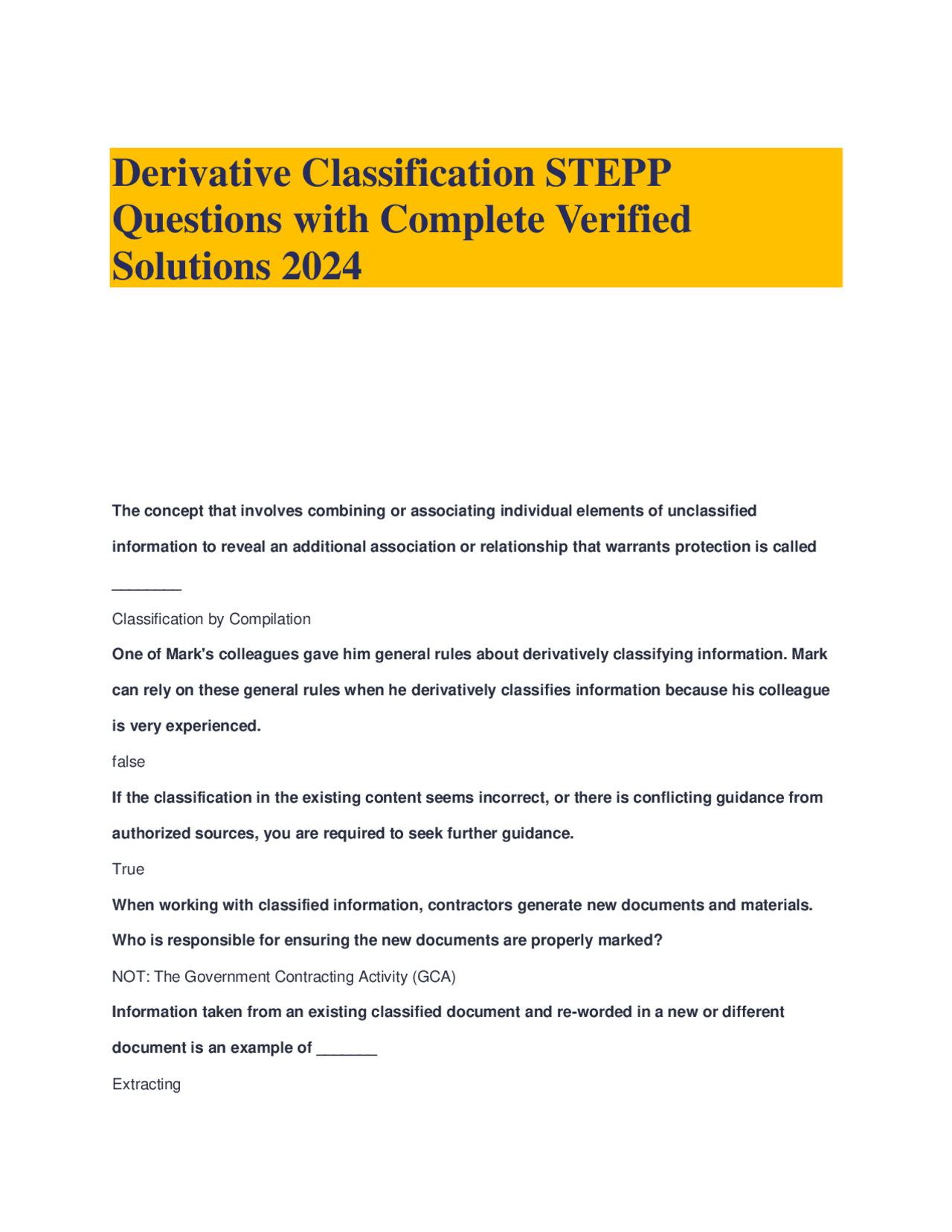 Derivative Classification STEPP Questions with Complete Verified ...