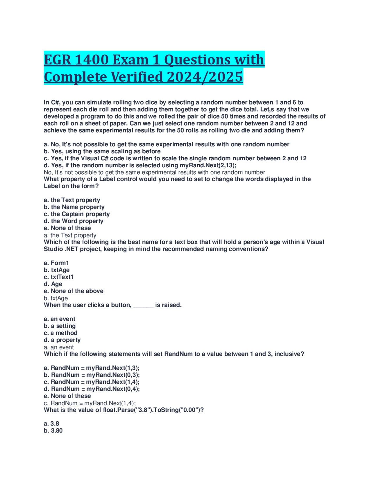 EGR 1400 Exam 1 Questions with Complete Verified 2024/2025 | Exams ...