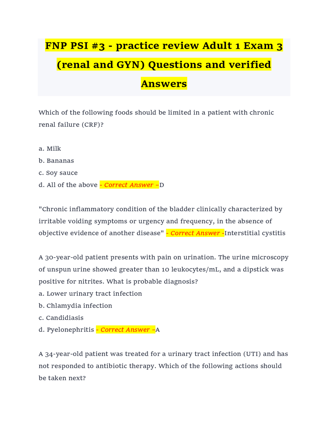 FNP PSI #3 - practice review Adult 1 Exam 3 (renal and GYN) Questions ...