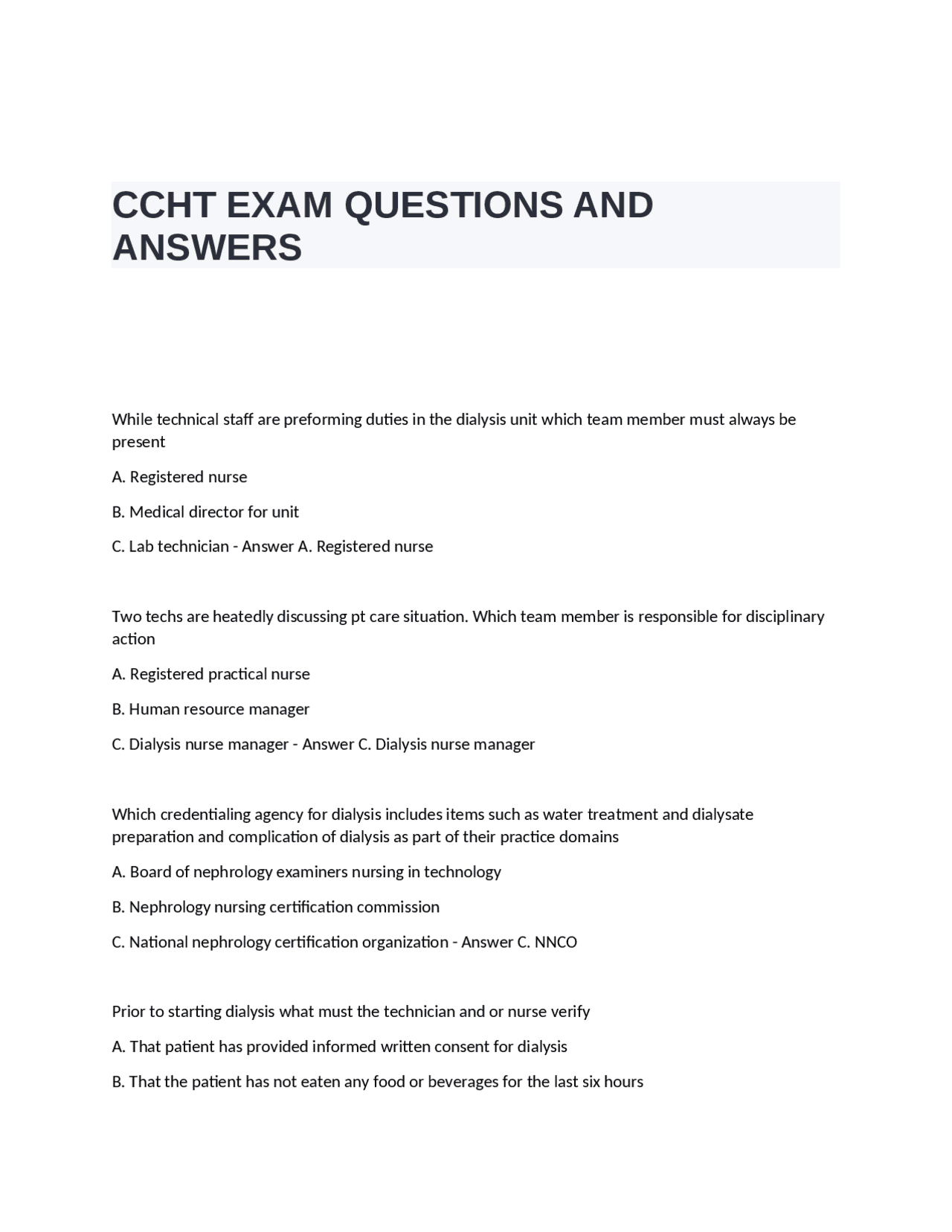 CCHT EXAM QUESTIONS AND ANSWERS | Exams Nursing | Docsity