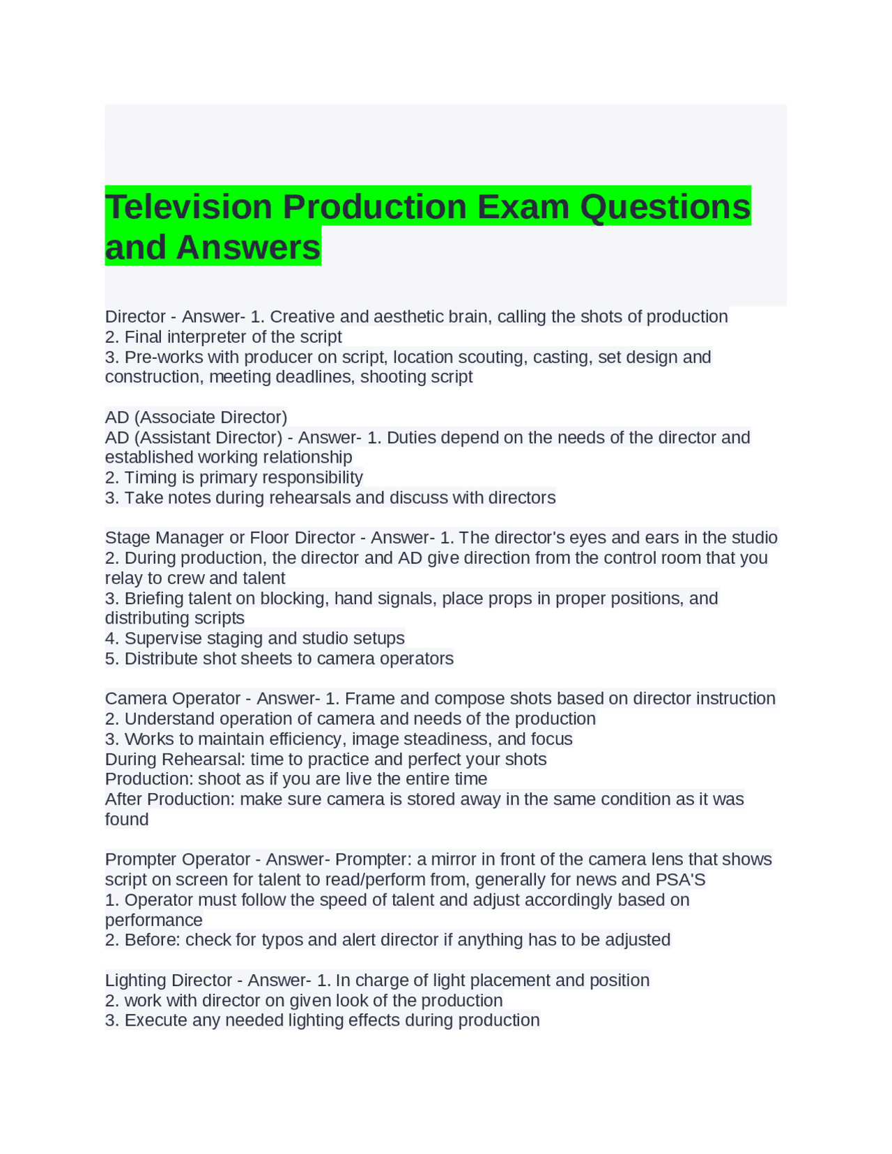 Television Production Exam Questions and Answers | Exams Advanced ...