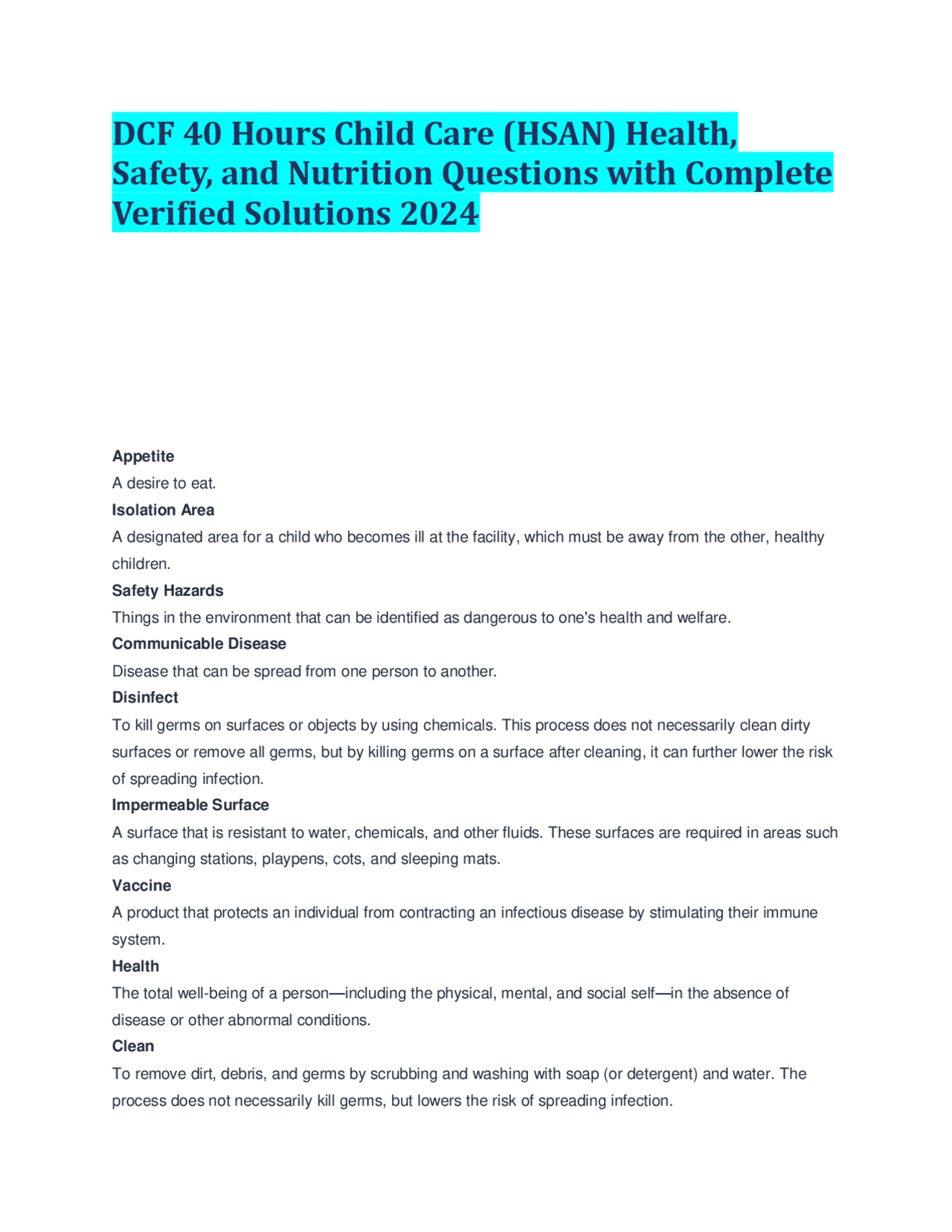 DCF 40 Hours Child Care (HSAN) Health, Safety, and Nutrition Questions ...