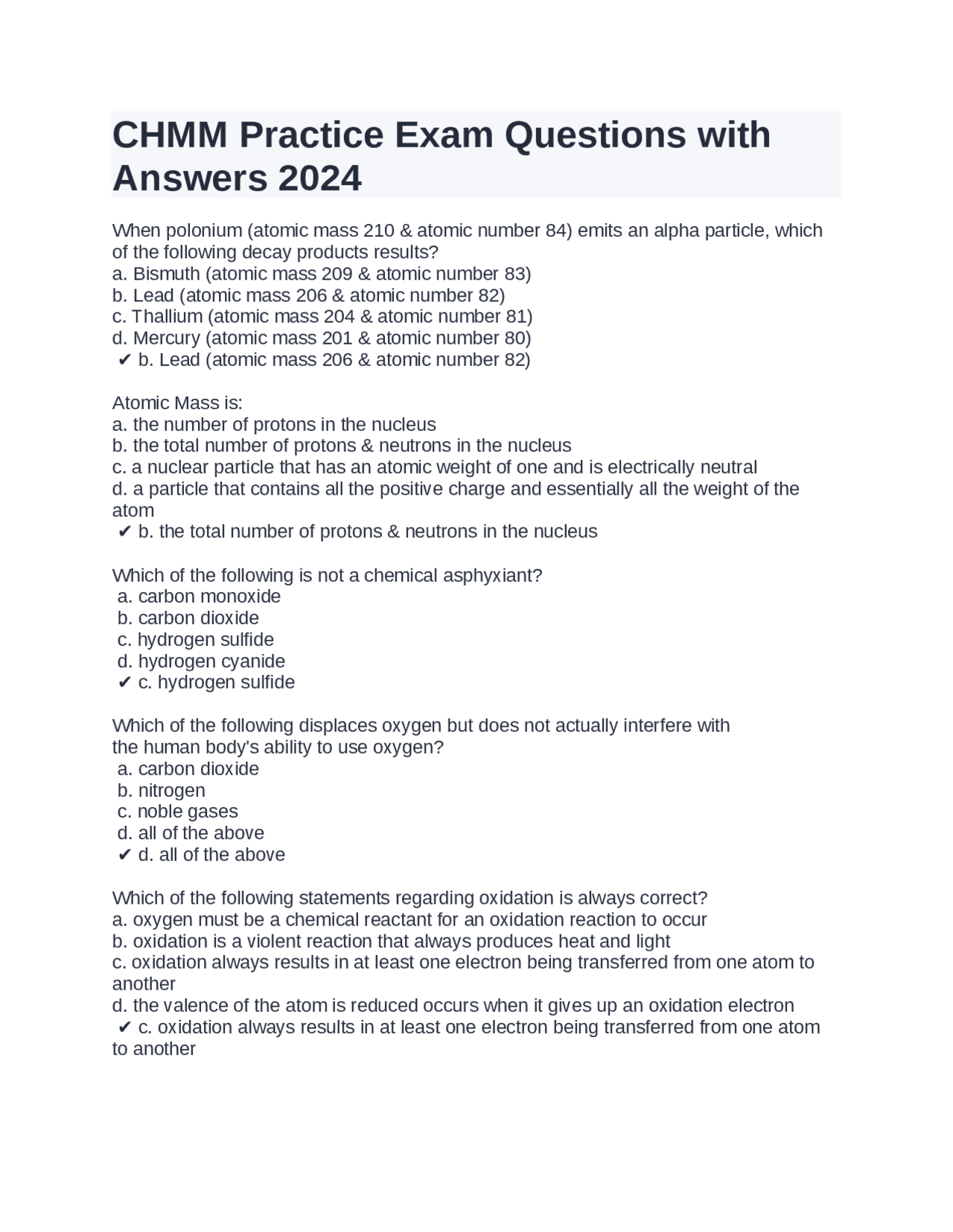 CHMM Practice Exam Questions with Answers 2024 | Exams Humanities | Docsity