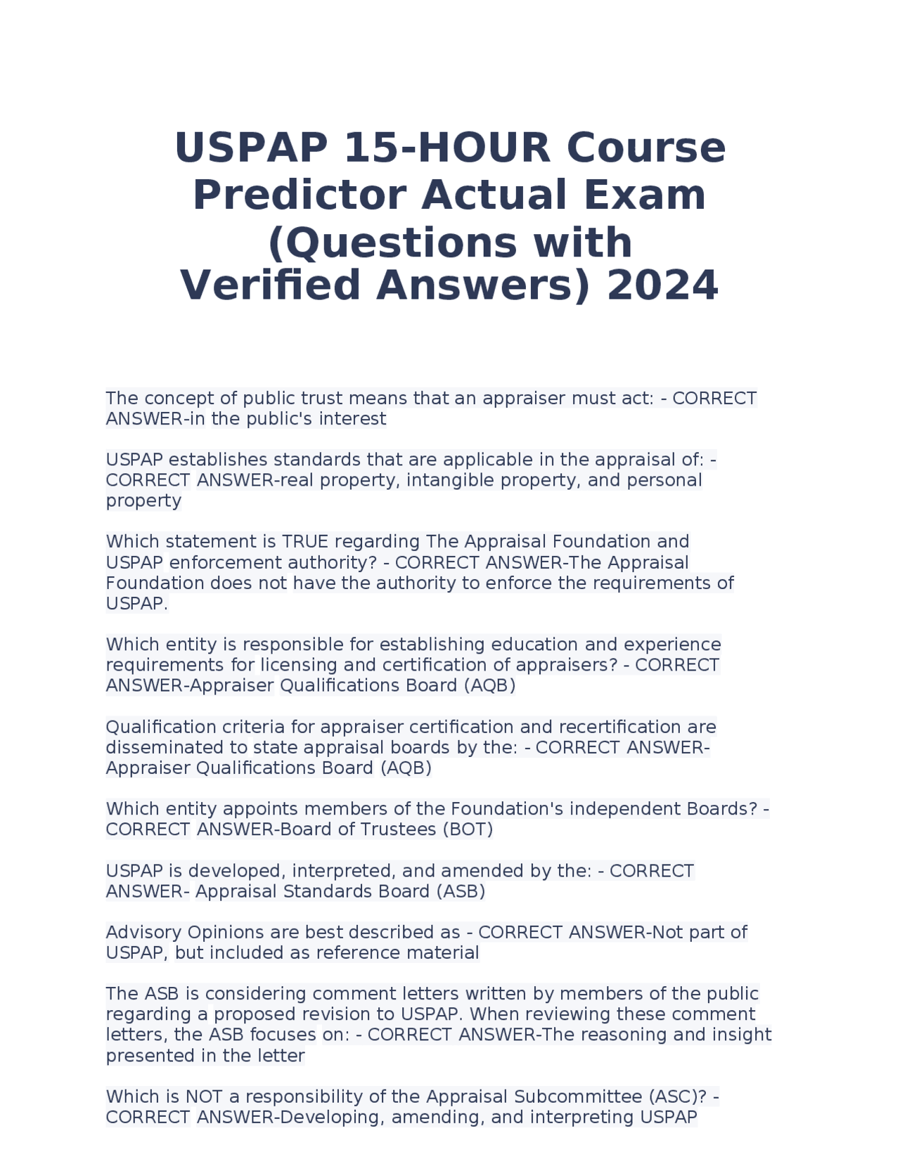 USPAP 15-HOUR Course Predictor Actual Exam (Questions with Verified ...