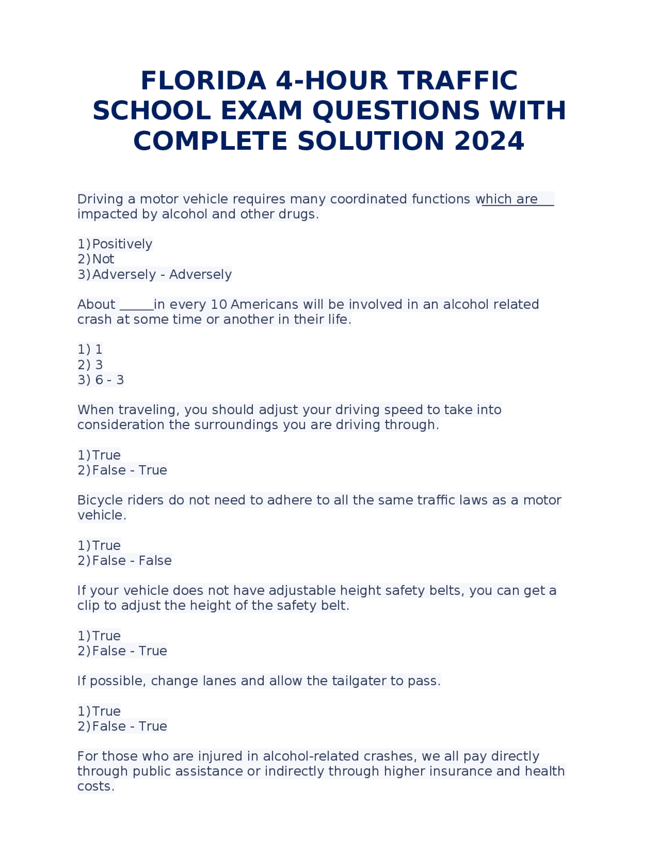 FLORIDA 4-HOUR TRAFFIC SCHOOL EXAM QUESTIONS WITH COMPLETE SOLUTION ...