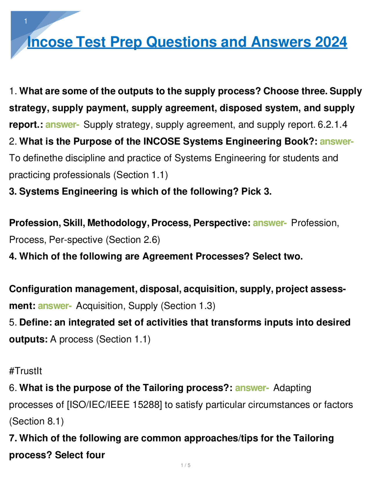 Incose Test Prep Questions and Answers 2024 | Exams Nursing | Docsity