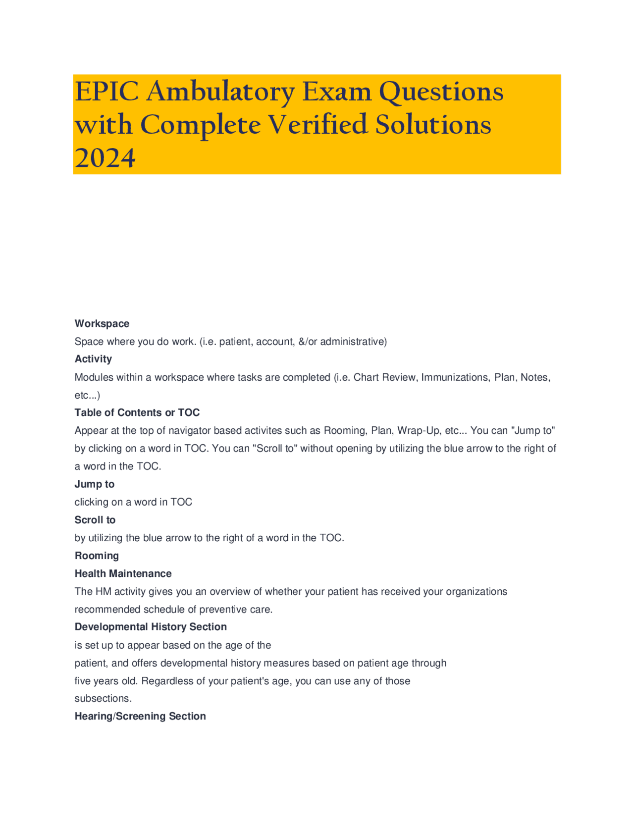 EPIC Ambulatory Exam Questions with Complete Verified Solutions 2024 ...