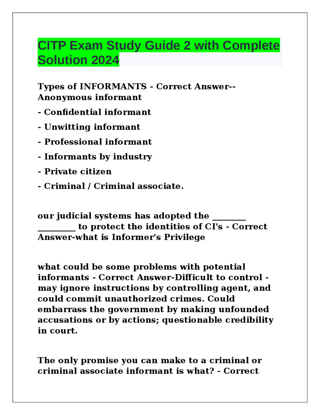 CITP Exam Study Guide 2 with Complete Solution 2024 | Exams Advanced Education | Docsity