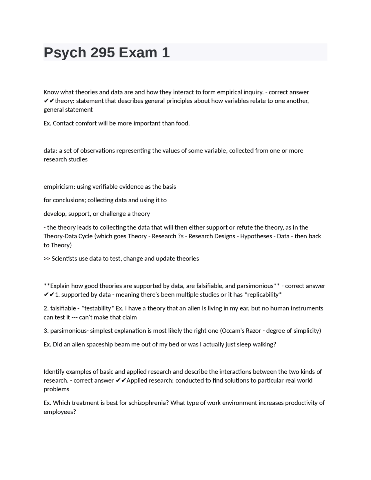 Psych 295 Exam 1 Questions with complete solutions | Exams Nursing ...