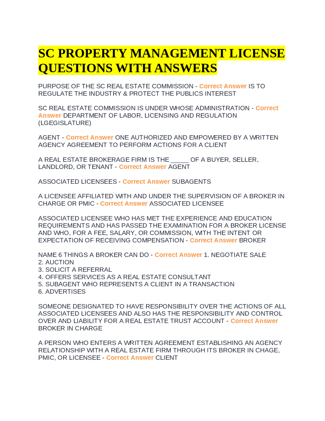 SC PROPERTY MANAGEMENT LICENSE QUESTIONS WITH ANSWERS | Exams Nursing ...
