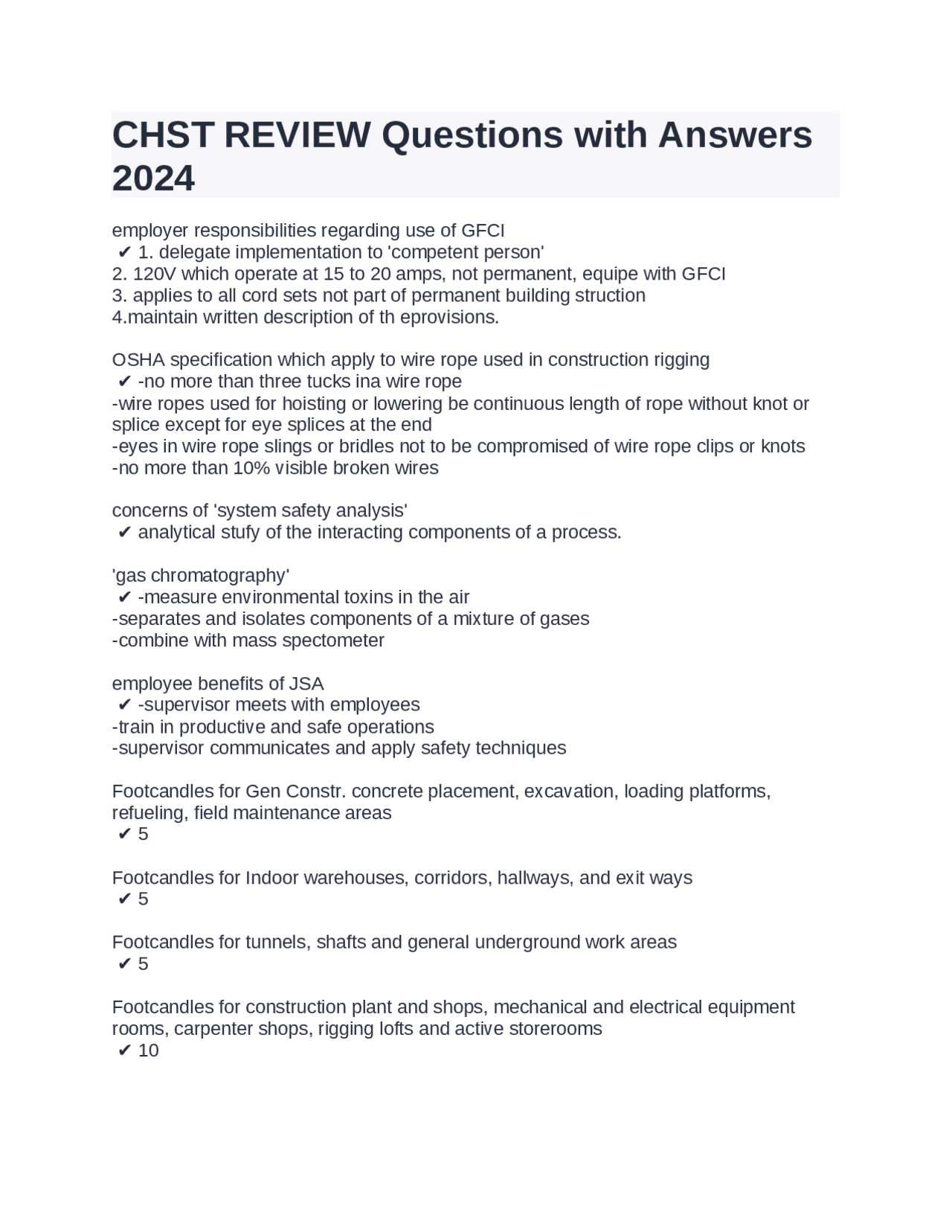 CHST REVIEW Questions with Answers 2024 | Exams Engineering | Docsity