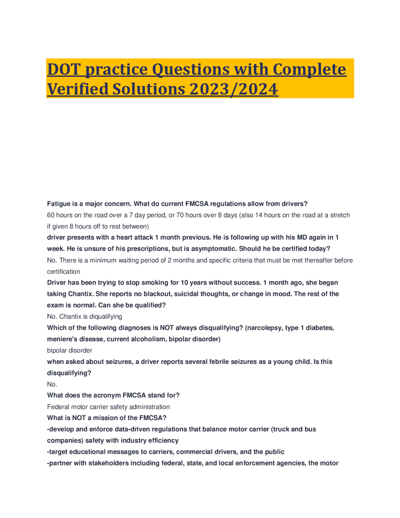 DOT practice Questions with Complete Verified Solutions 2023/2024 ...