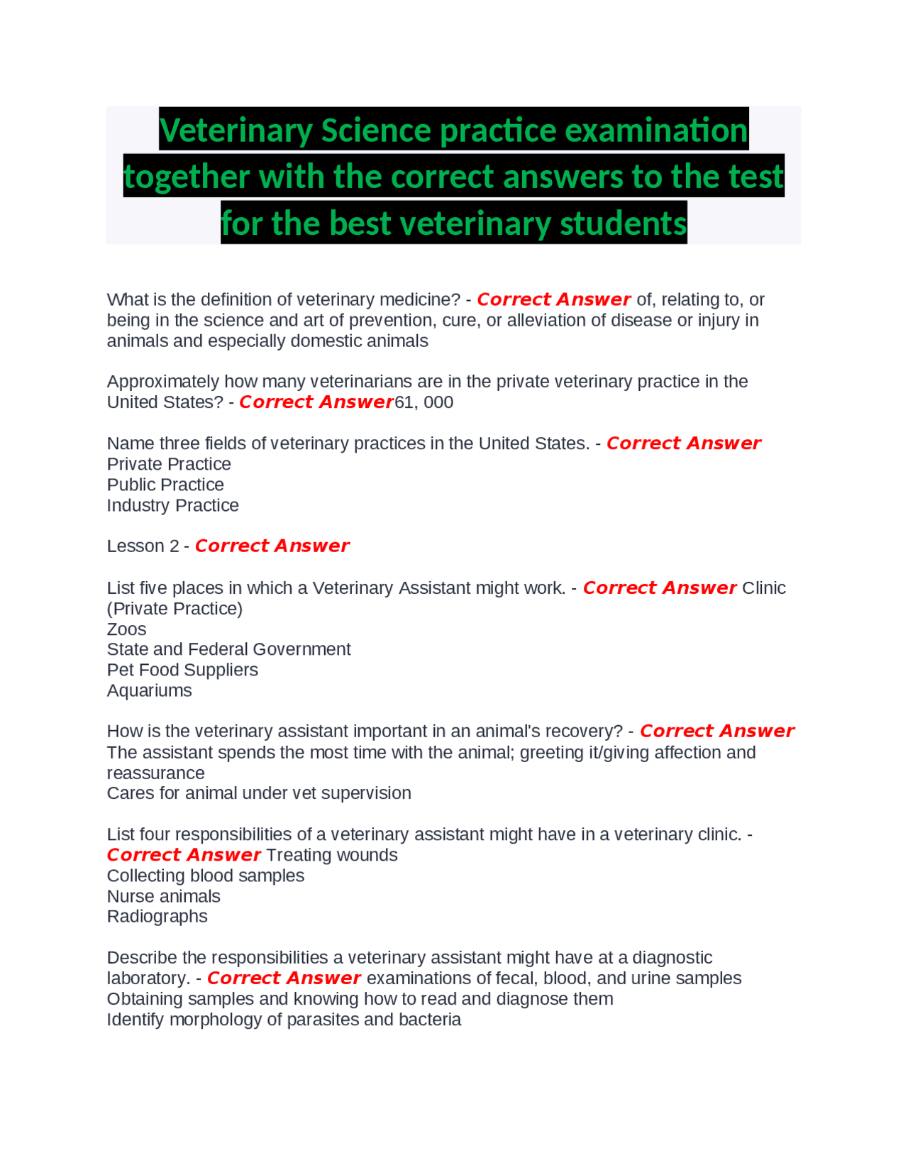 Veterinary Science practice examination together with the correct ...