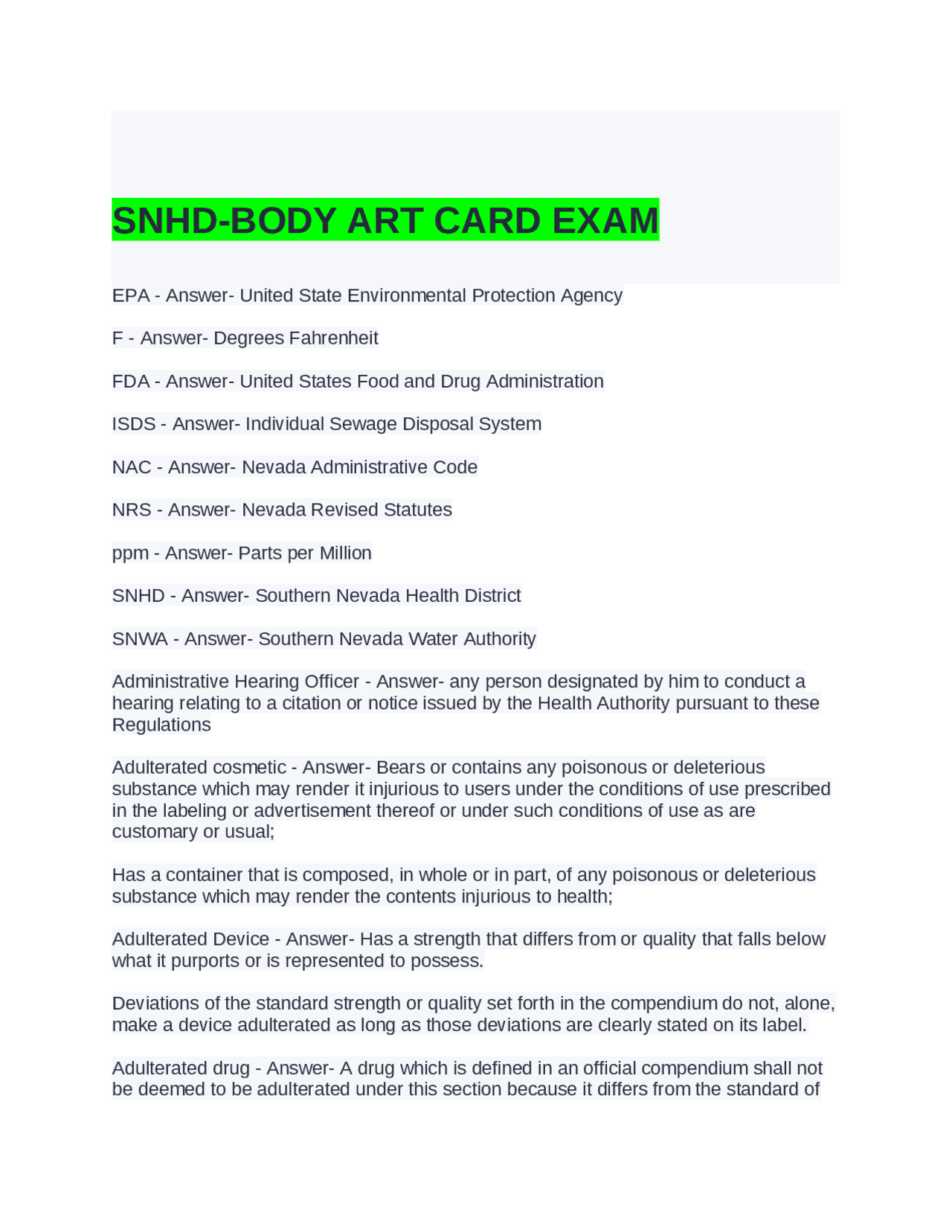 SNHD-BODY ART CARD EXAM 2024 QUESTIONS AND ANSWERS | Exams Advanced ...