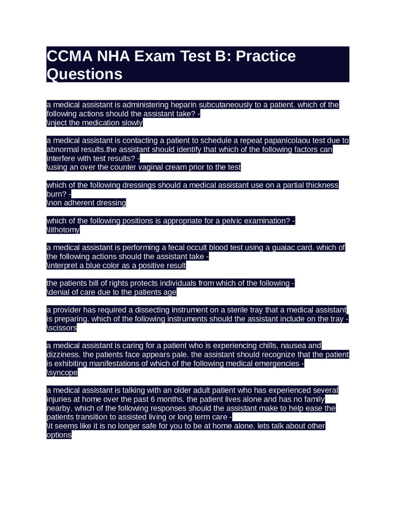 CCMA NHA Exam Test B: Practice Questions | Exams Clinical Medicine ...