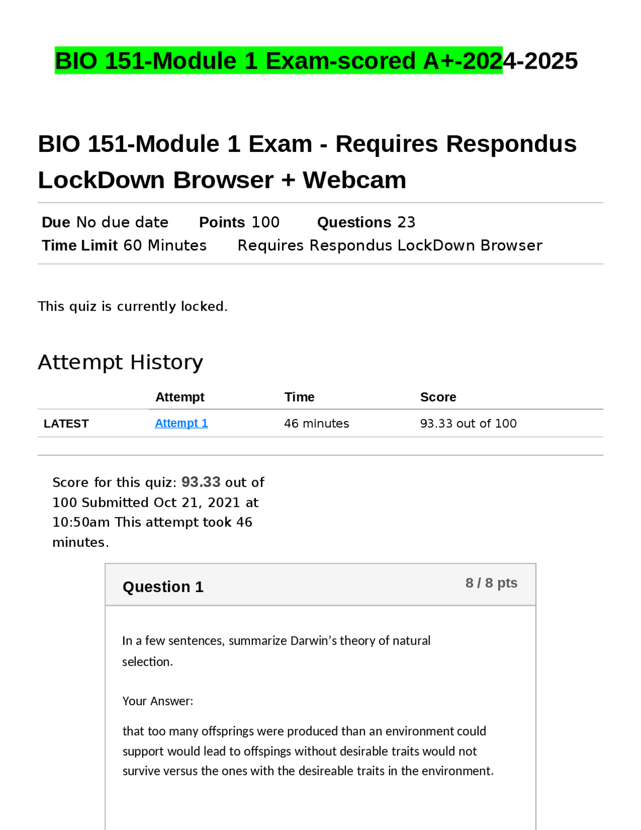 BIO 151-Module 1 Exam-scored A+-2024-2025.docx | Exams Biology | Docsity